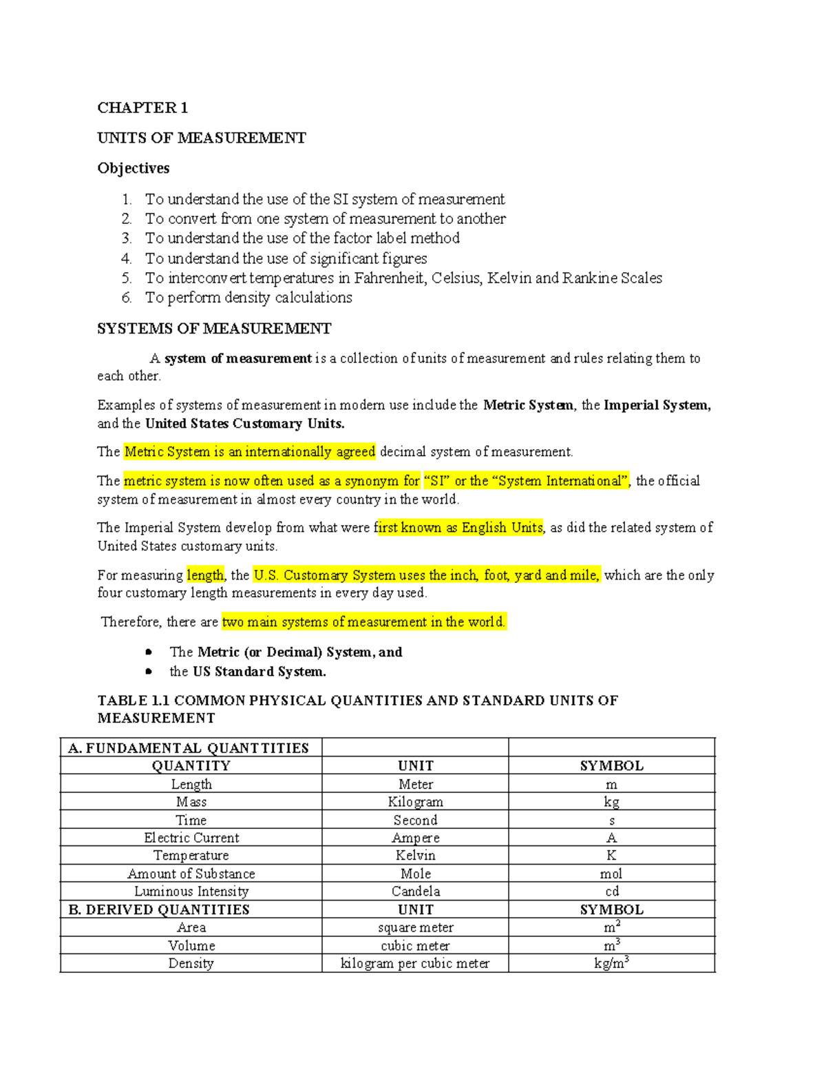 Measurement compress - N/A - CHAPTER 1 UNITS OF MEASUREMENT Objectives ...