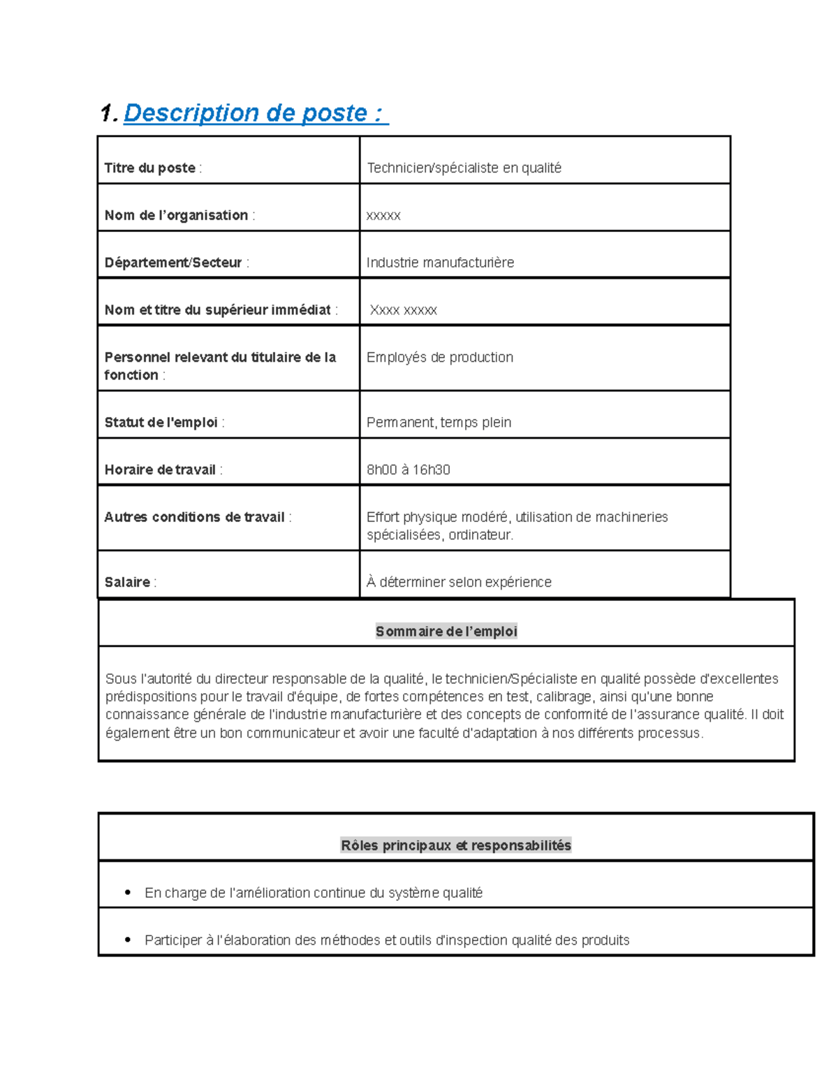 Description de poste - 1 de poste : Titre du poste : Technicien ...