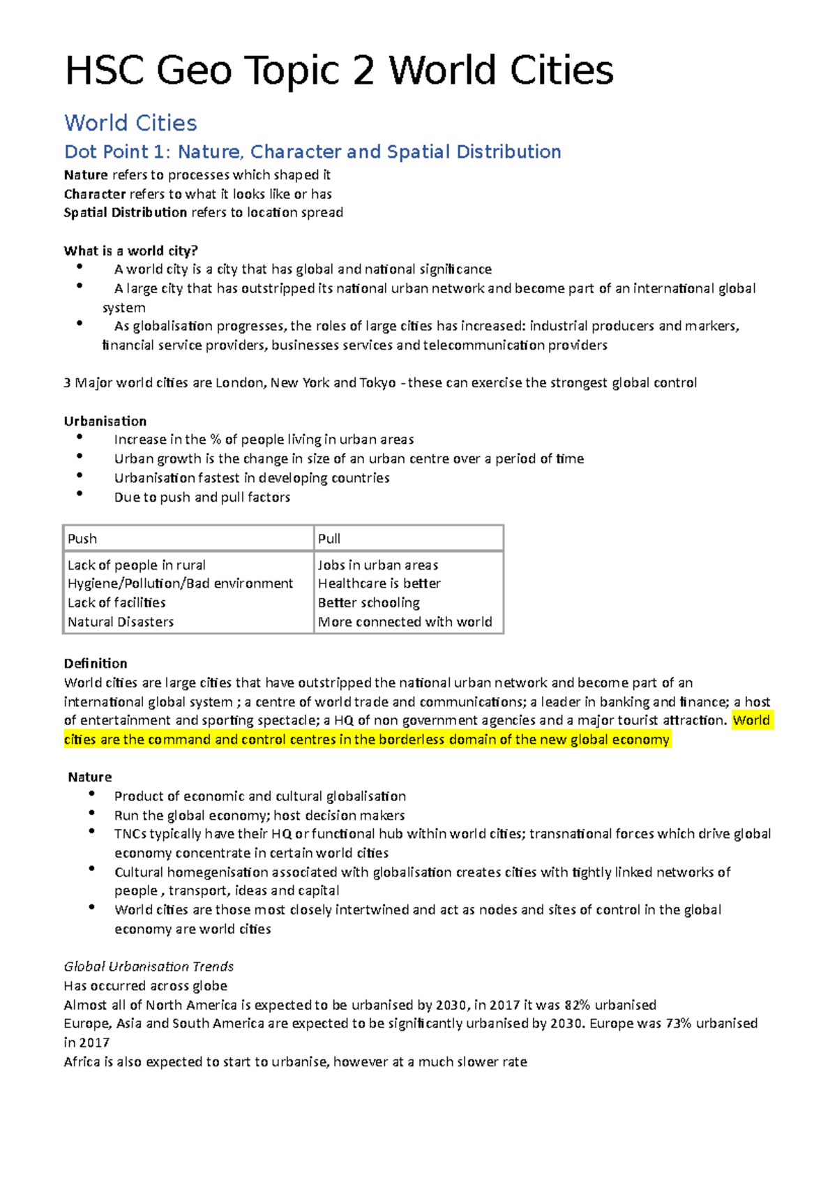 HSC Geo Topic 2 World Cities - HSC Geo Topic 2 World Cities World ...