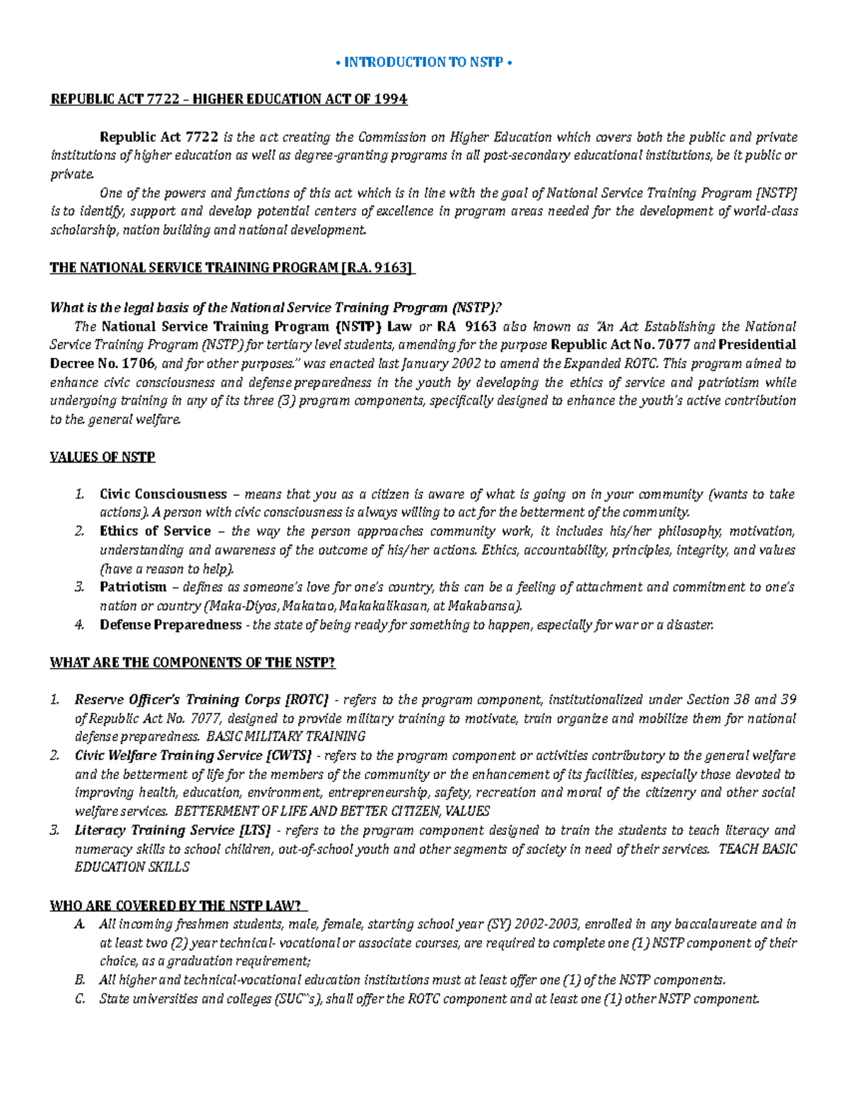 NSTP 01 - NSTP 1 - • INTRODUCTION TO NSTP • REPUBLIC ACT 7722 – HIGHER ...