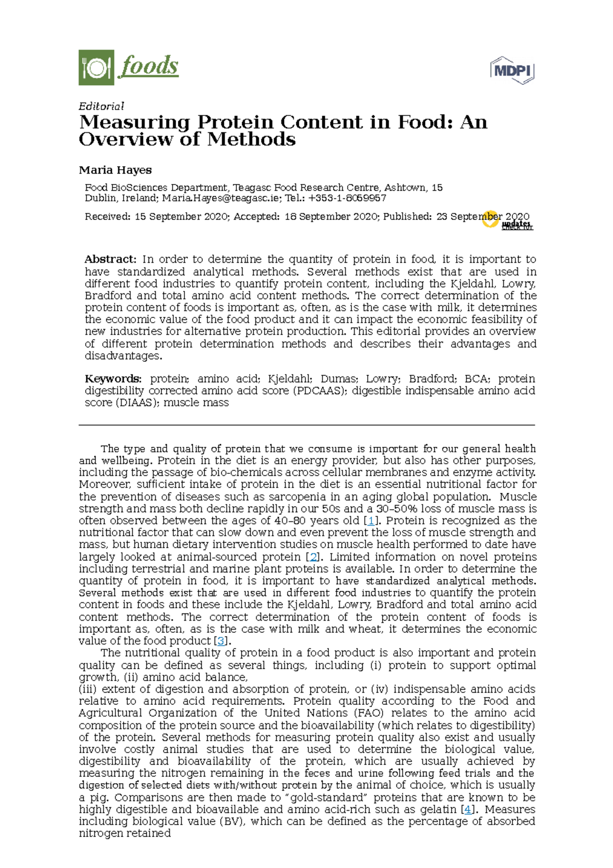 Measuring Protein Content in Food An Overview - foods Editorial ...