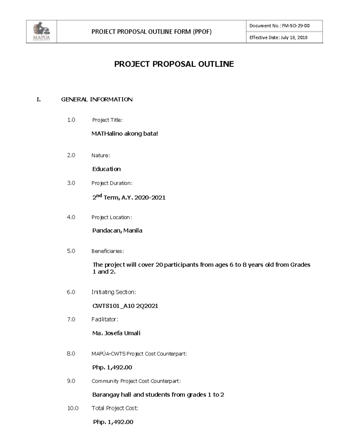 Project Proposal Outline Form Rodriguez Document No FM SO 29