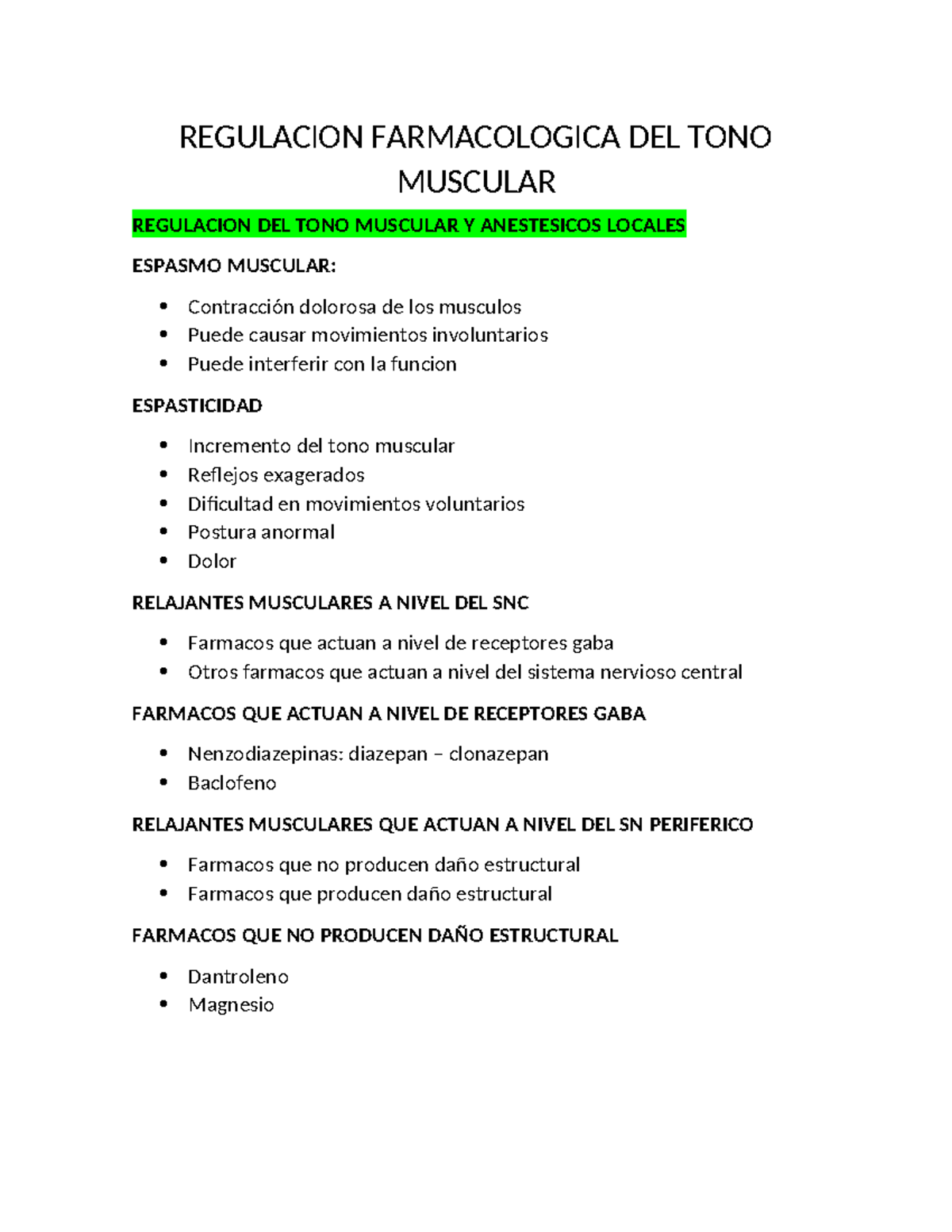Resumen Regulacion Farmacologica DEL TONO Muscular - REGULACION ...