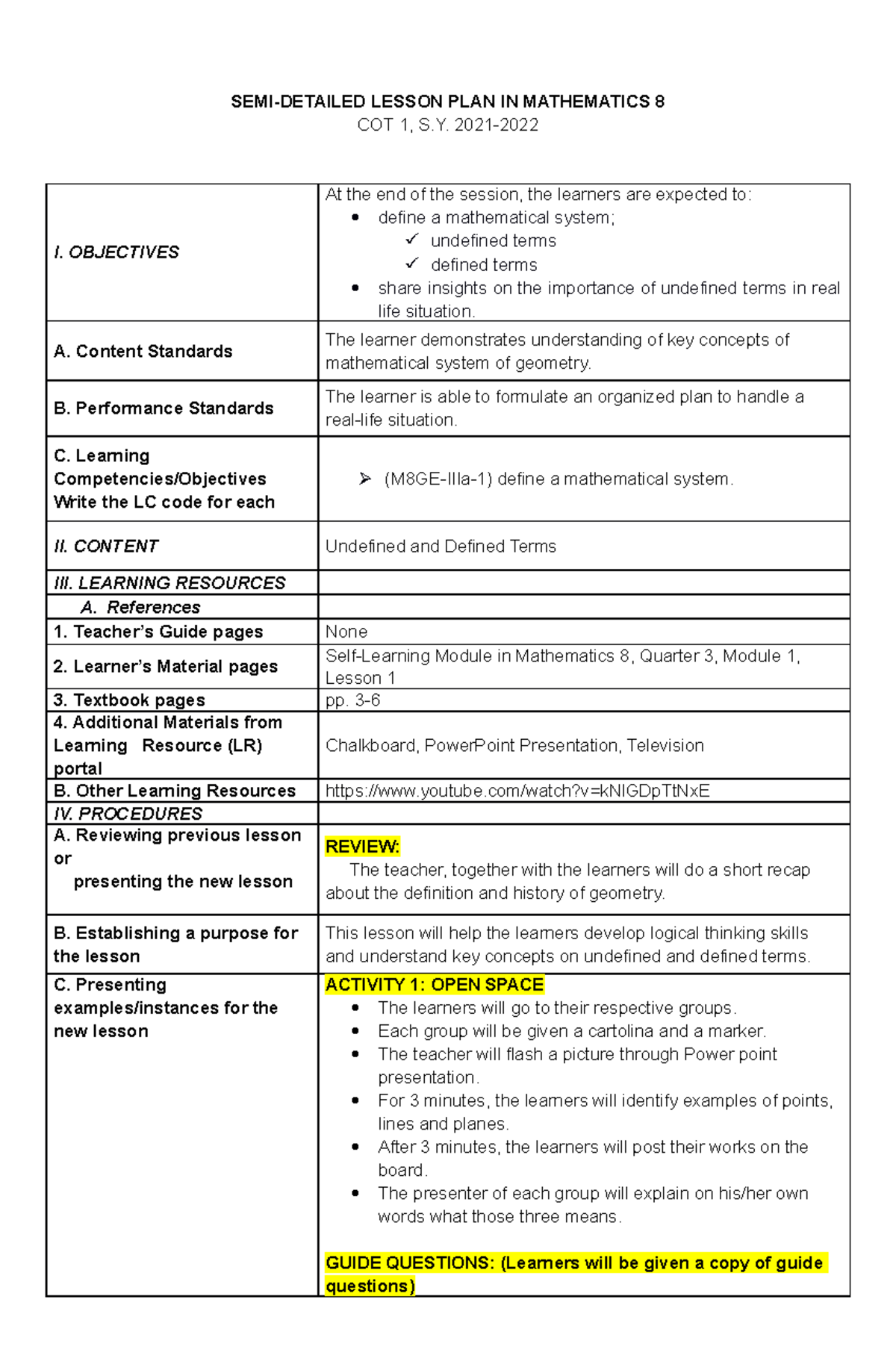 defined and undefined terms.doc - SEMI-DETAILED LESSON PLAN IN ...