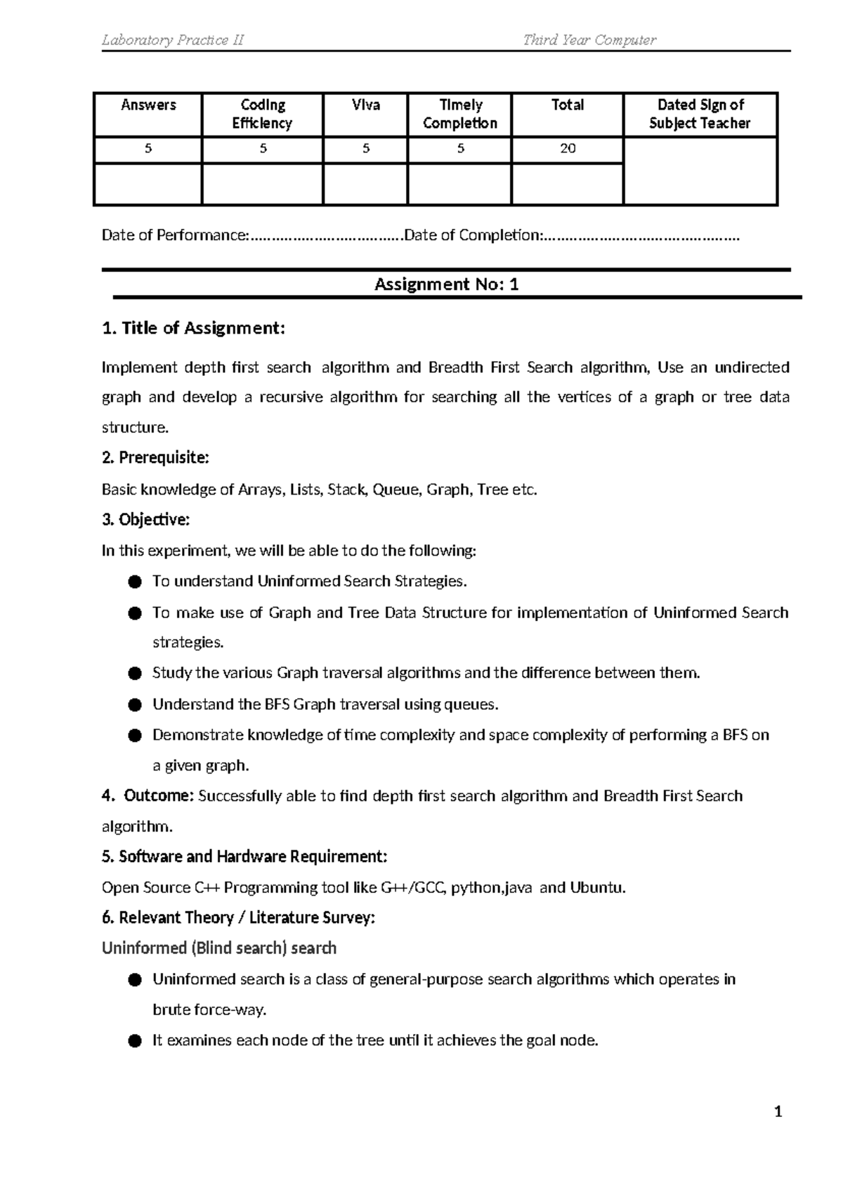 LP II (AI) Lab Manual - Engineering Answers Coding Efficiency Viva Timely Completion Total Dated ...