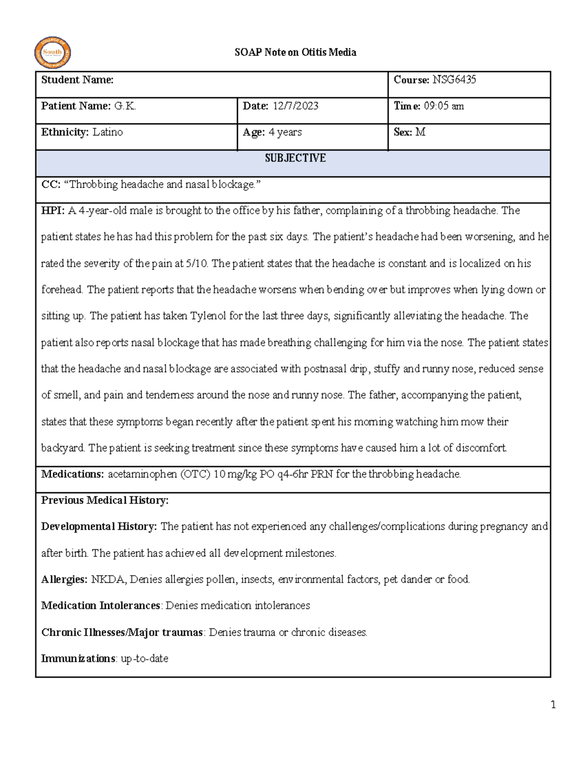 SOAP Note on Acute Sinusitis - SOAP Note on Otitis Media Student Name ...