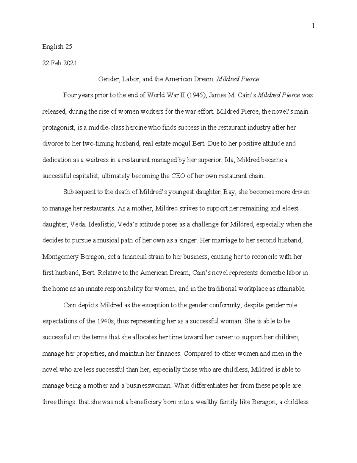 Mildred Pierce essay - Professor: John Lessard Course: American Dream ...