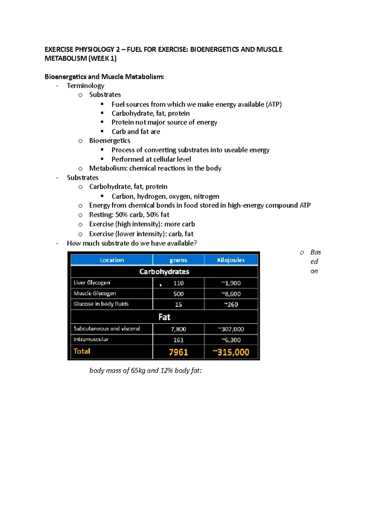 Compiled Exam notes - EXERCISE PHYSIOLOGY 2 – FUEL FOR EXERCISE ...