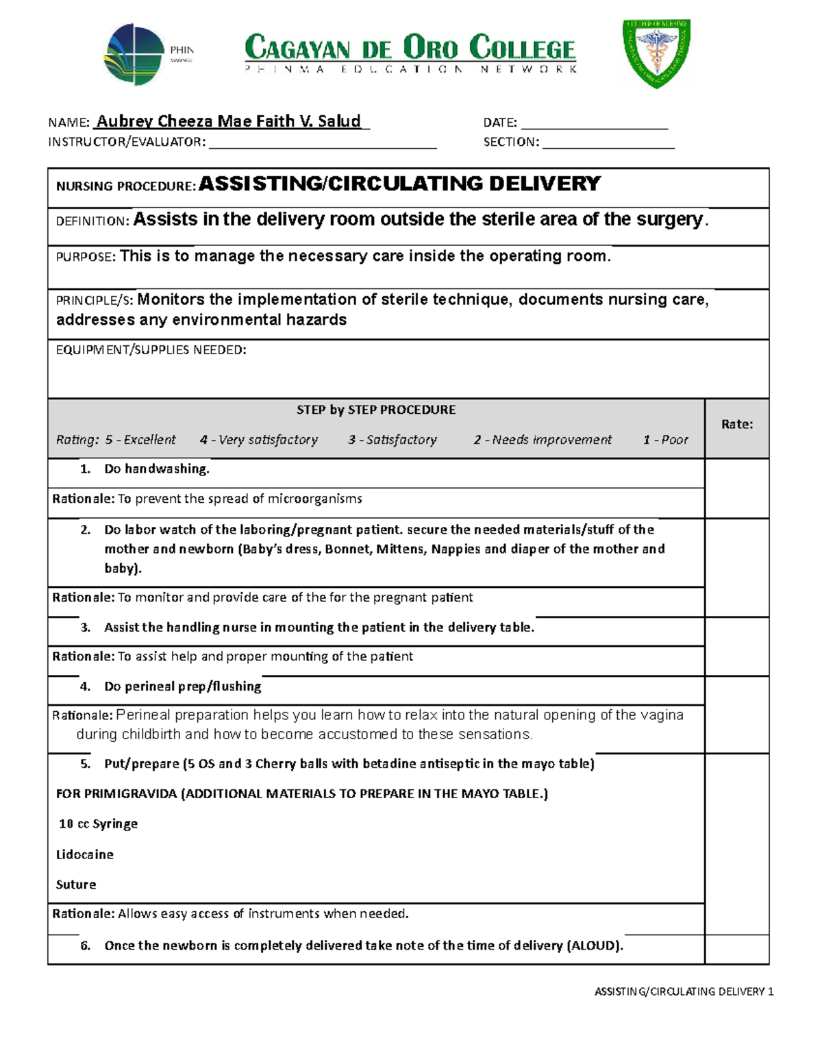 Checklist- Assisting Circulating- Delivery - NAME: Aubrey Cheeza Mae ...