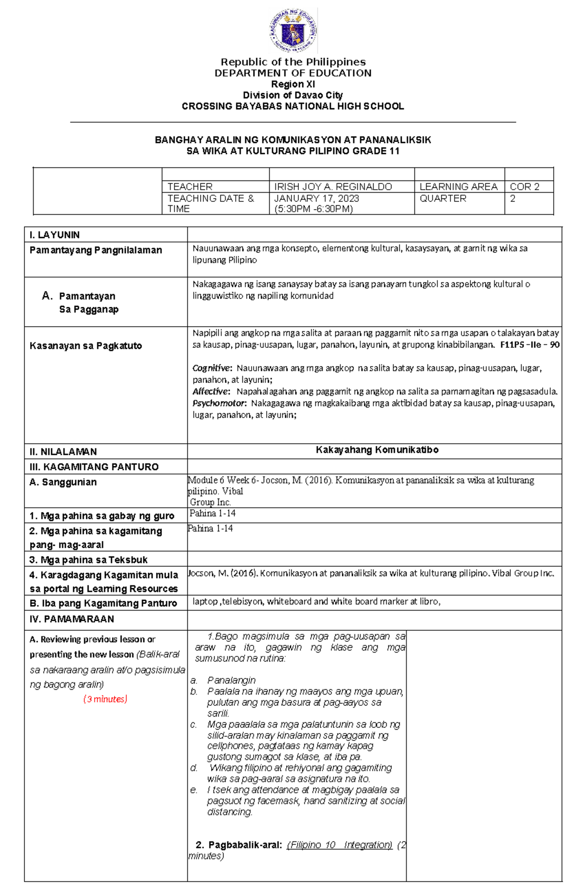 COR2 DLP - Republic of the Philippines DEPARTMENT OF EDUCATION Region ...