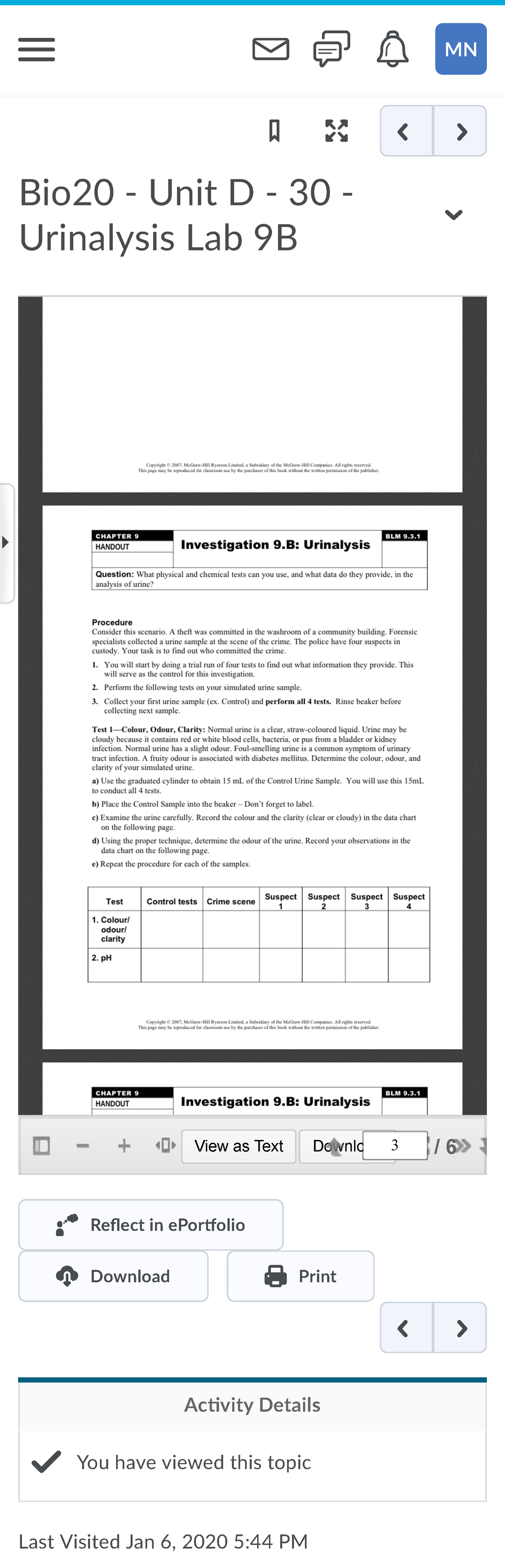 Bio20 - Unit D - 30 - Urinalysis Lab 9B - Biology 20 (S12019-2020) - Reflect in ePor!olio ...