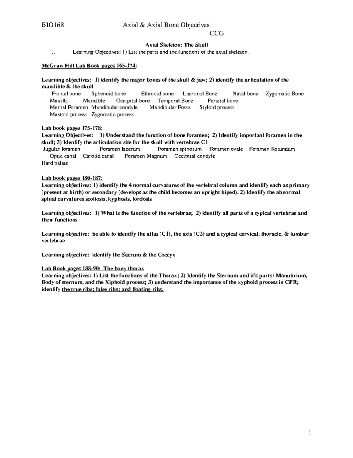 Axial & Appendicular Bone List Objectives Fall 2016 - BIO168 Axial ...
