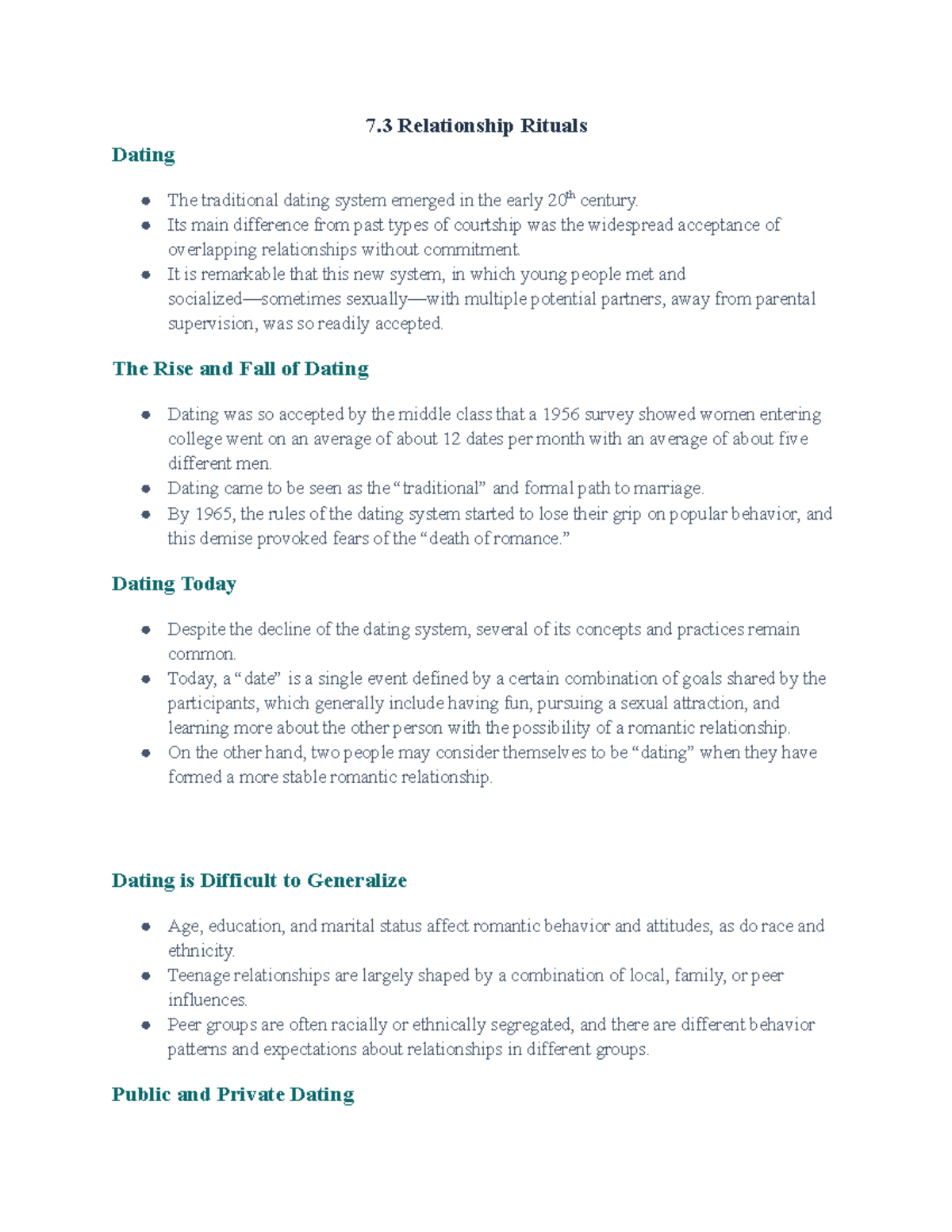 7.3 SOC 231 Notes - 7 Relationship Rituals Dating The traditional ...