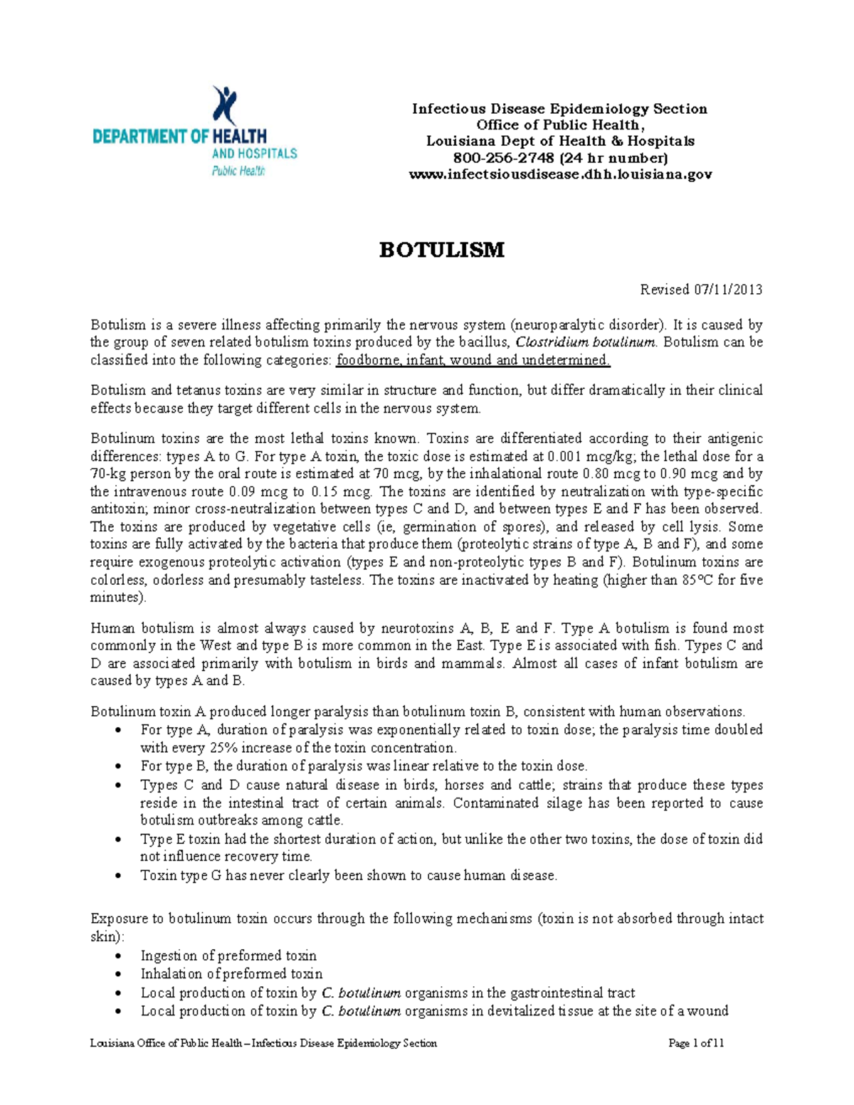 Botulism Manual - Infectious disease - BOTULISM Revised 07/11/ Botulism ...