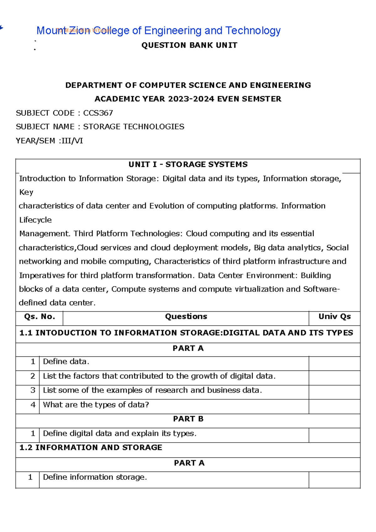 Storage 1 - QUESTION BANK UNIT DEPARTMENT OF COMPUTER SCIENCE AND ENGINEERING ACADEMIC YEAR ...