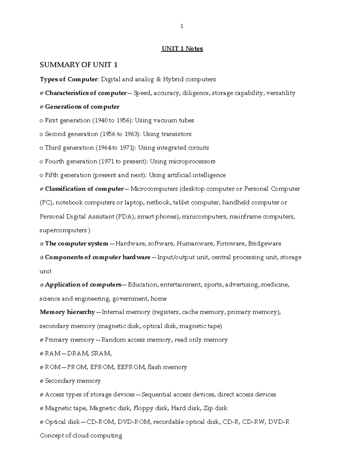 ITAB UNIT 1 Notes - UNIT 1 Notes SUMMARY OF UNIT 1 Types of Computer ...
