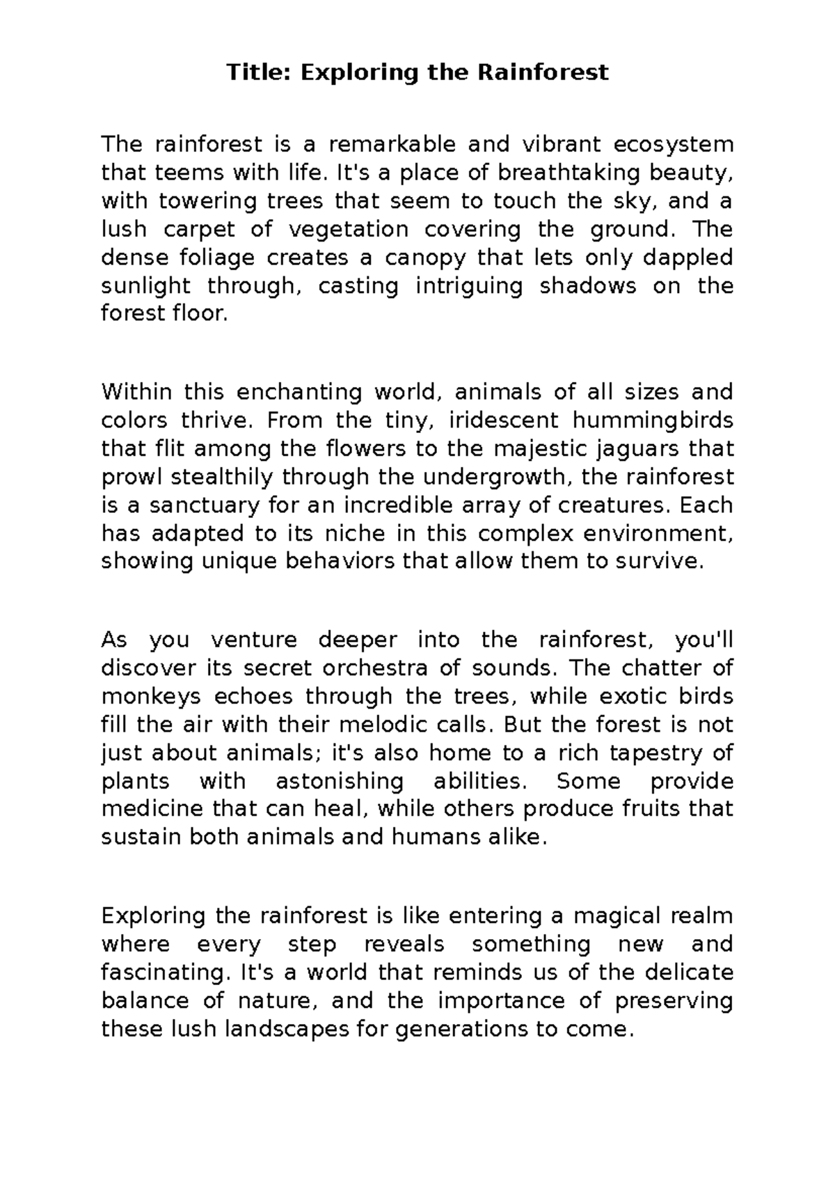 Passages - okay keayo - Title: Exploring the Rainforest The rainforest ...