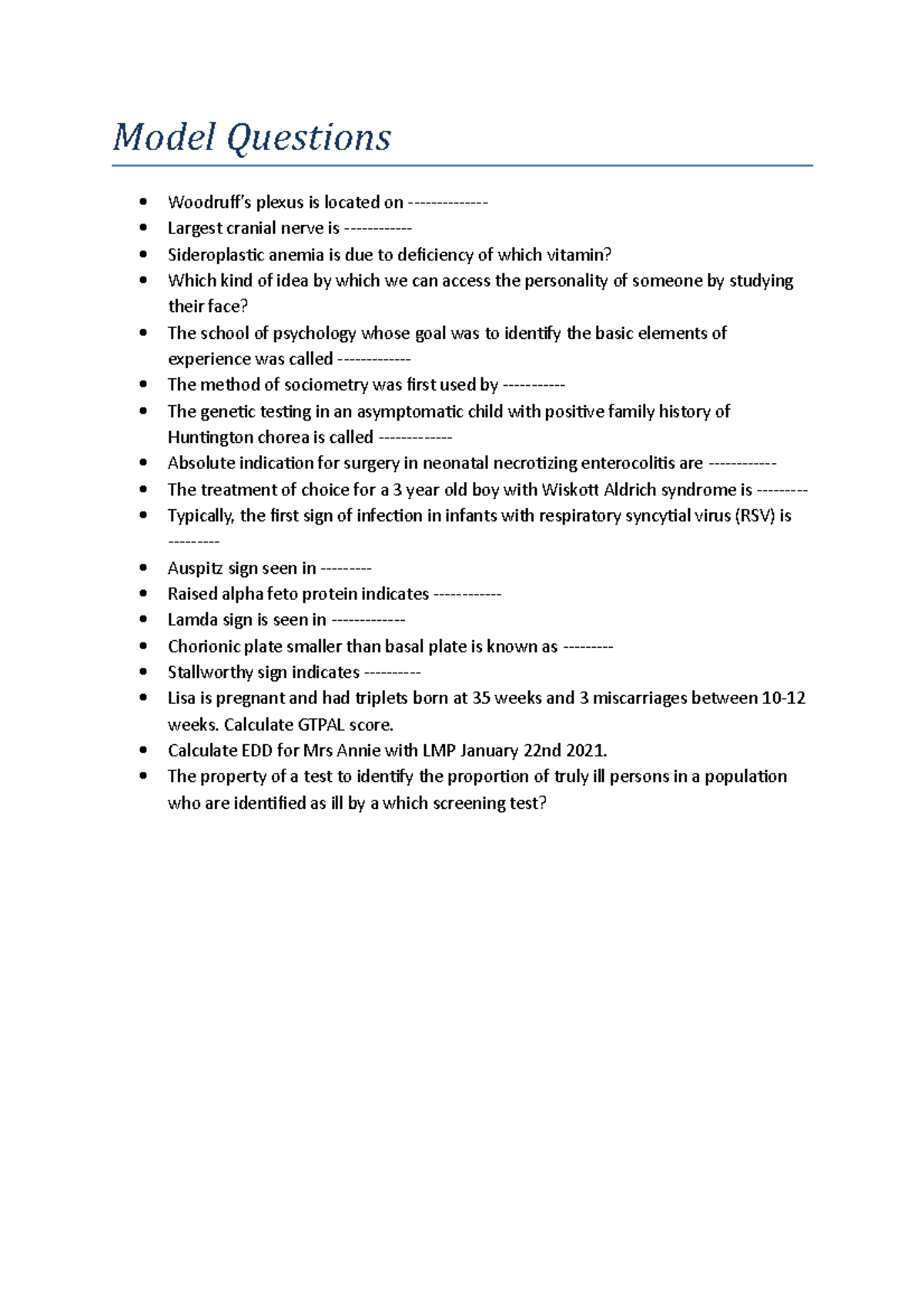Nursing exam based model questions - Model Questions Woodruff's plexus ...