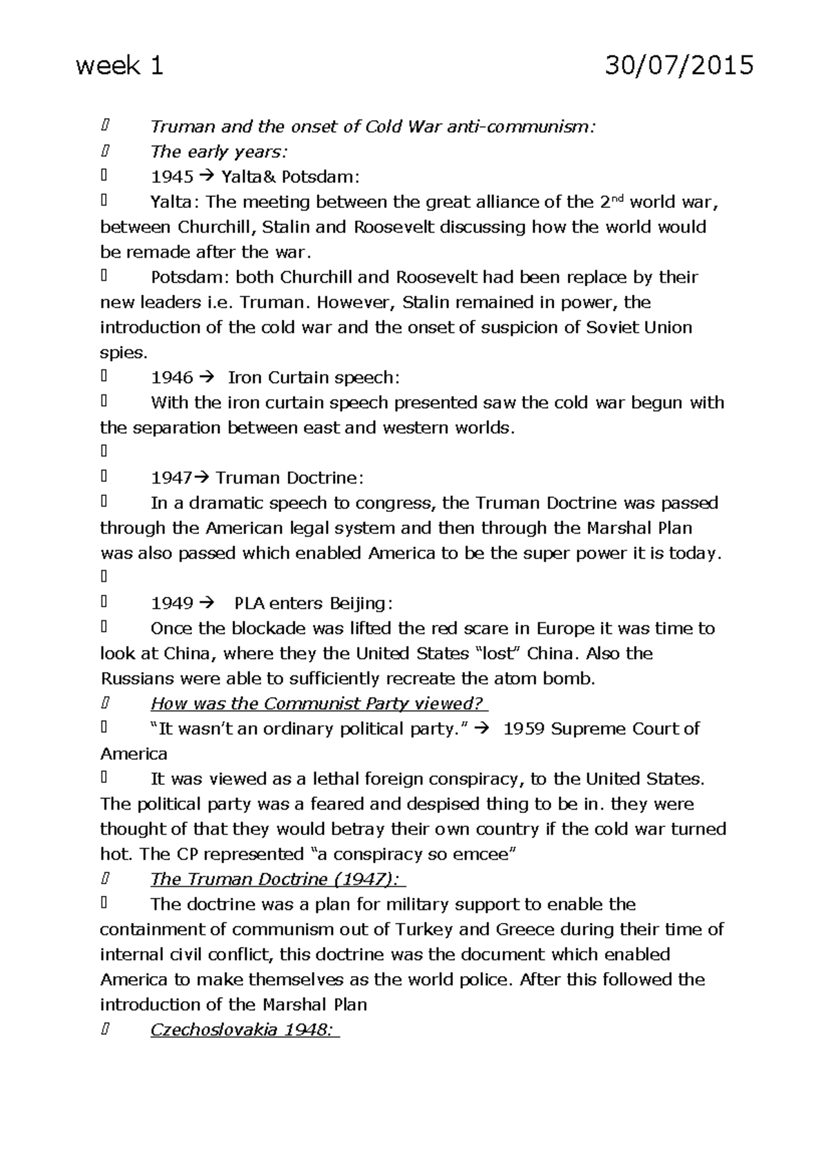 American History - Lecture notes, lectures 1 - 10 - week 1 30/07 ...