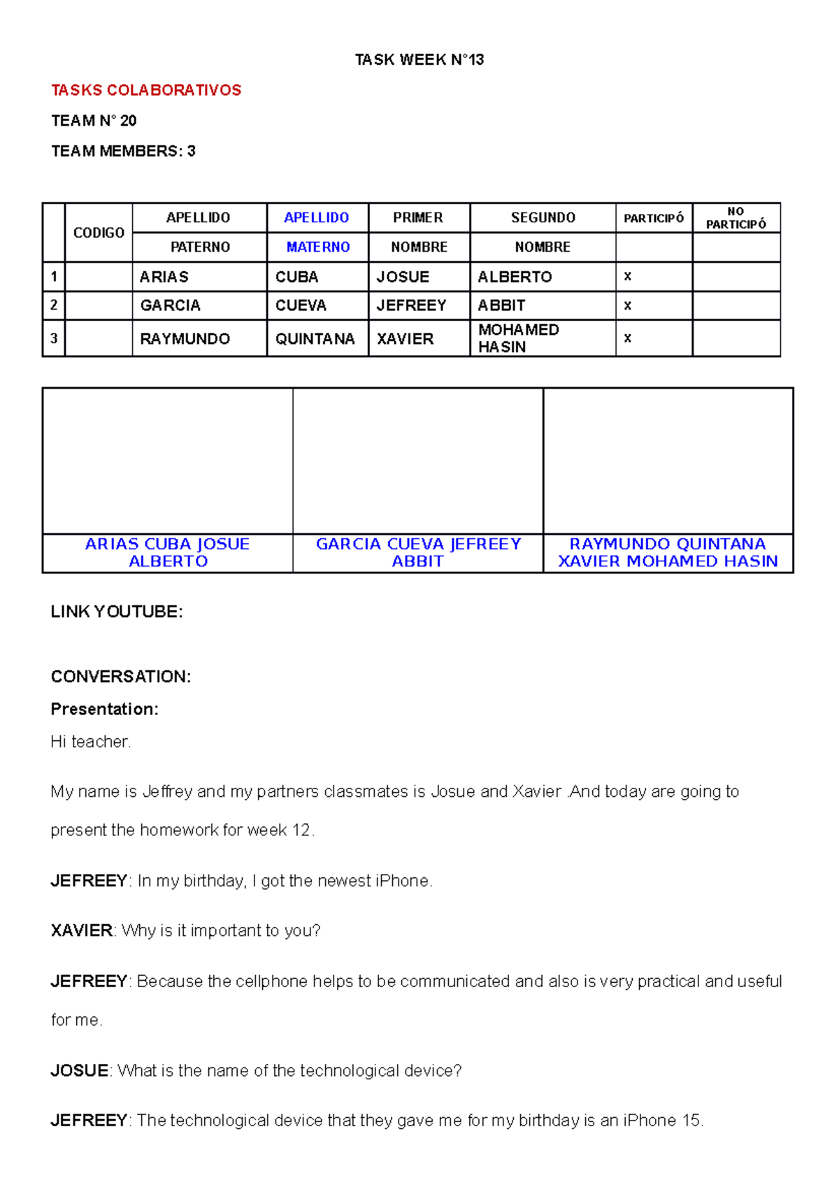 TASK 13 - Dialogo - TASK WEEK N° TASKS COLABORATIVOS TEAM N° 20 TEAM MEMBERS: 3 CODIGO APELLIDO ...
