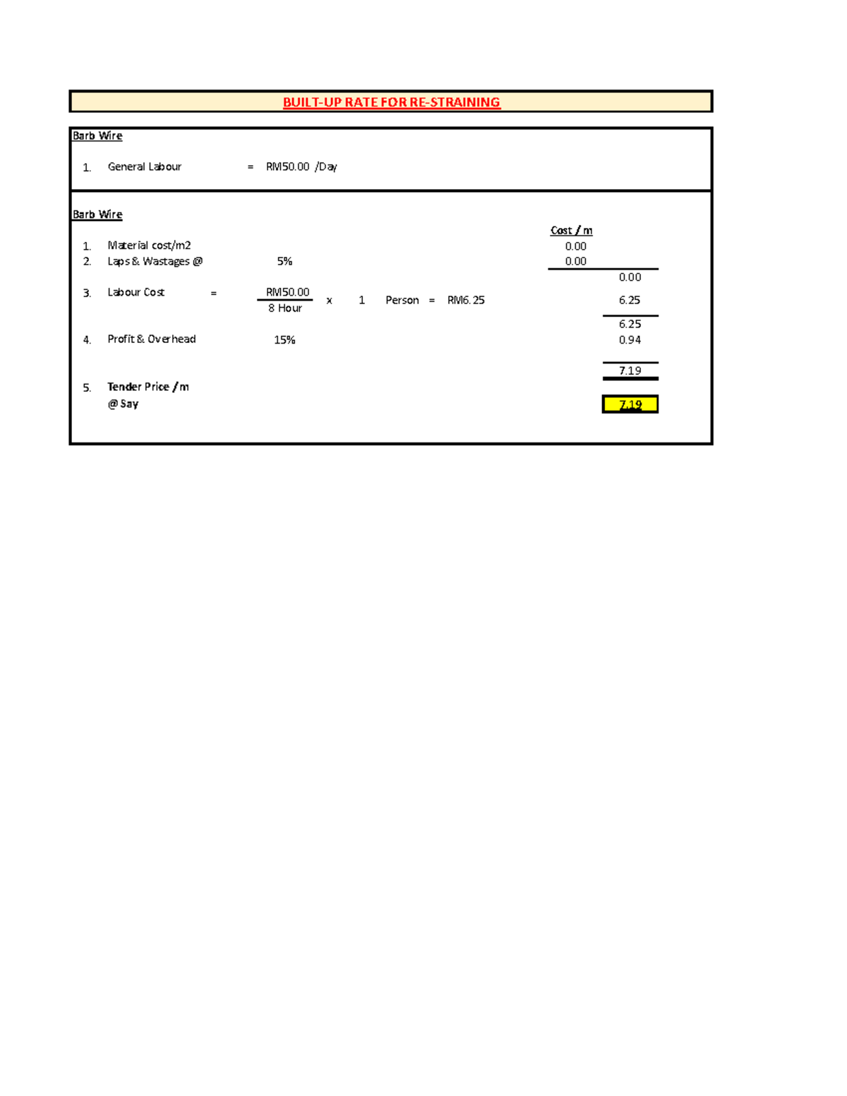 Built Up Rate for the said works - General Labour = RM50 /Day Barb Wire ...