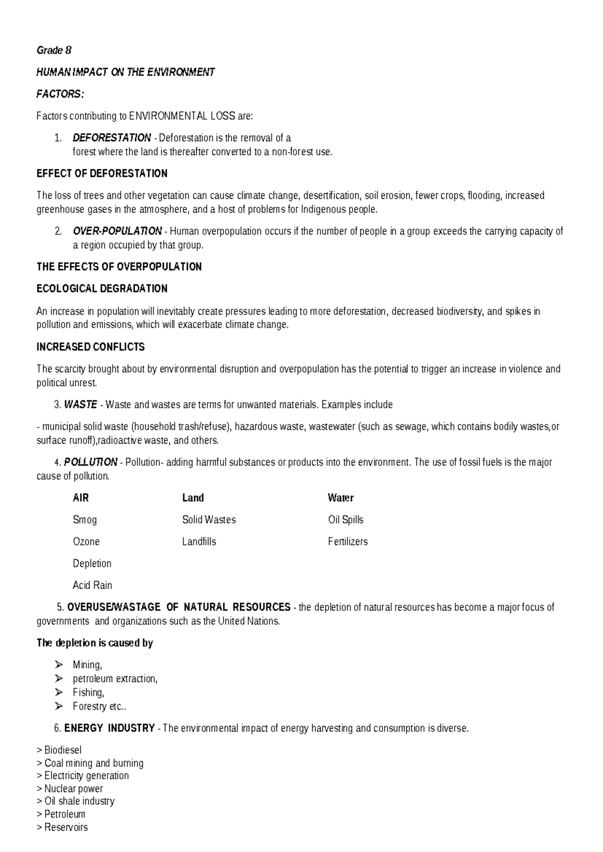 Grade 8 Lecture Notes - Grade 8 HUMAN IMPACT ON THE ENVIRONMENT FACTORS ...
