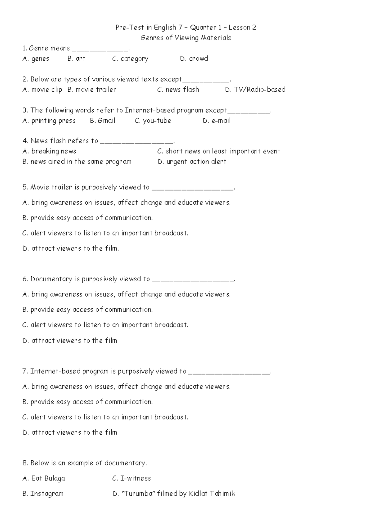 English 7 Q1 Week 2 Sept 11 15 Pre Test - Pre-Test in English 7 ...