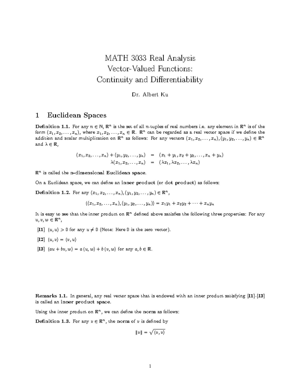 L1 vector - Notes - MATH 3033 Real Analysis Vector-Valued Functions ...