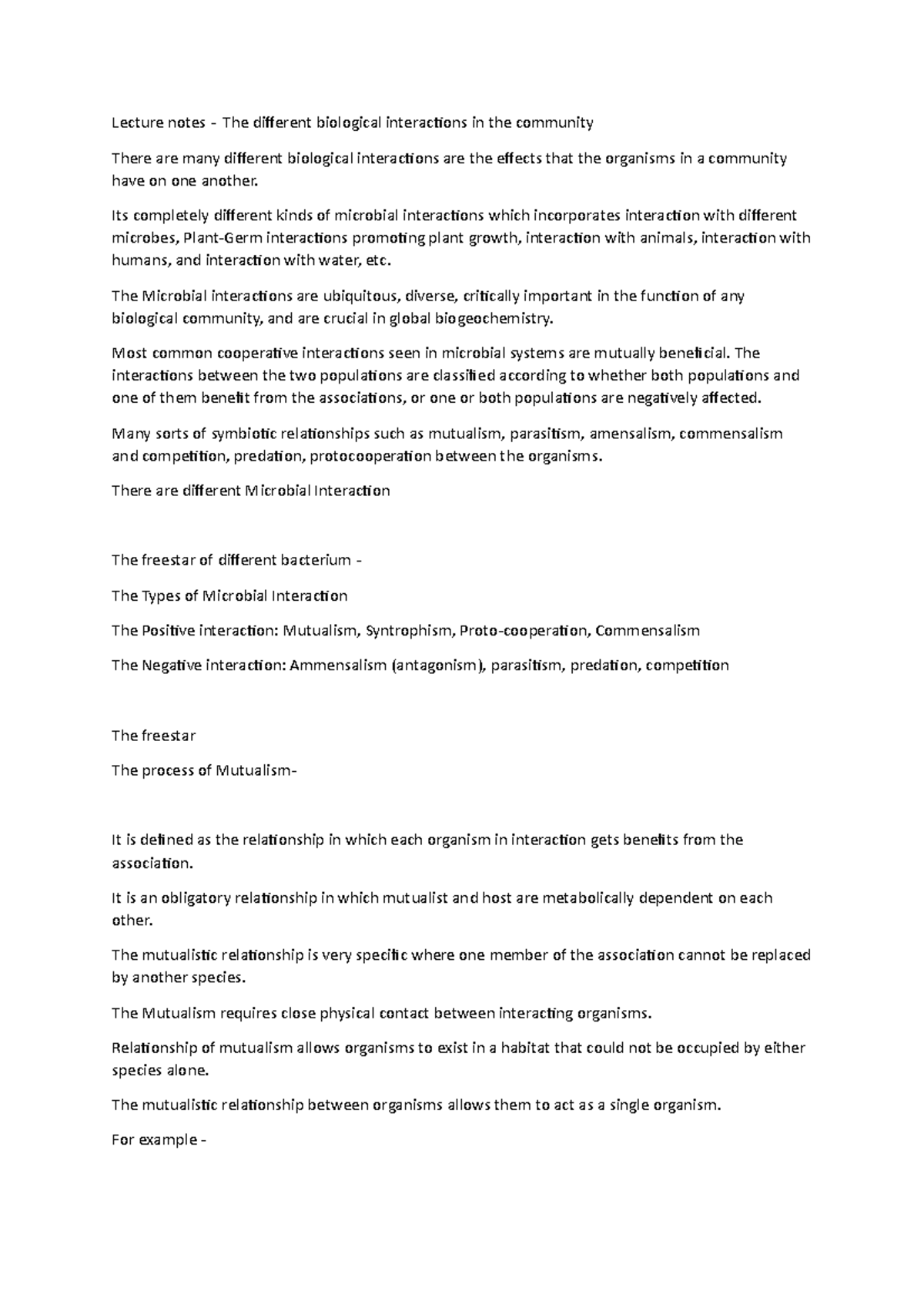 Lecture notes - The different biological interactions in the community ...