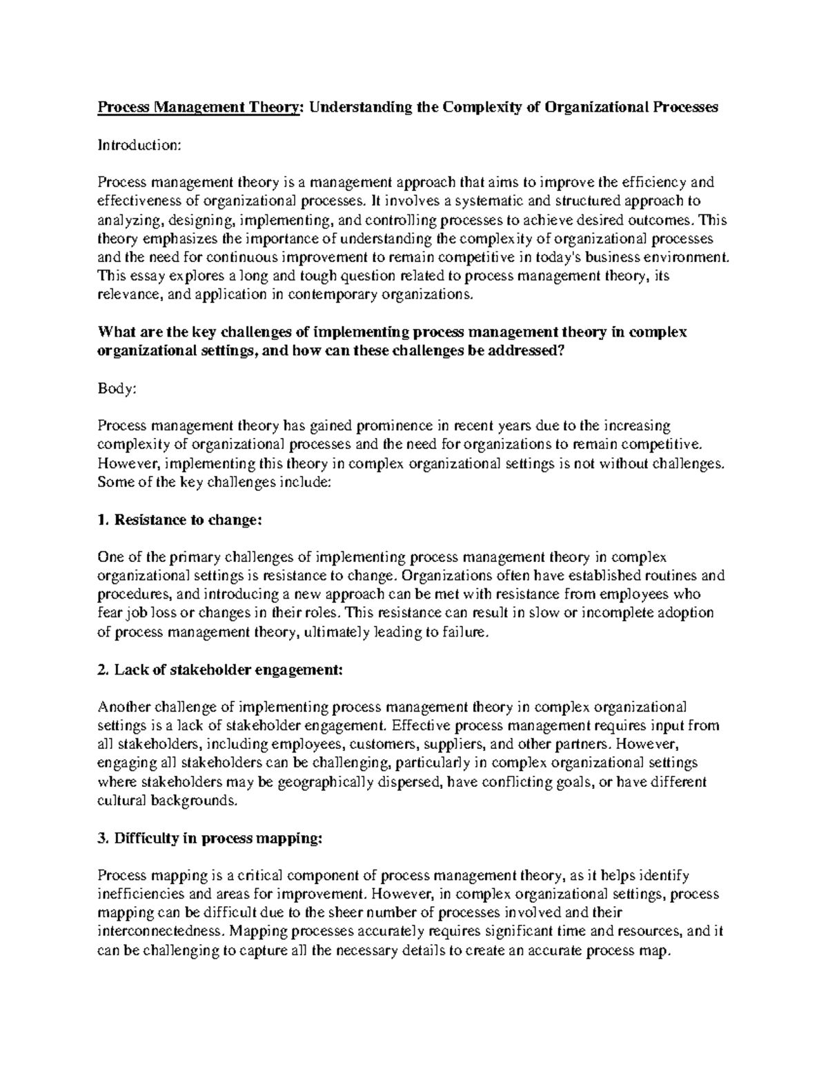 Process Management Theory - It involves a systematic and structured approach to analyzing, - Studocu