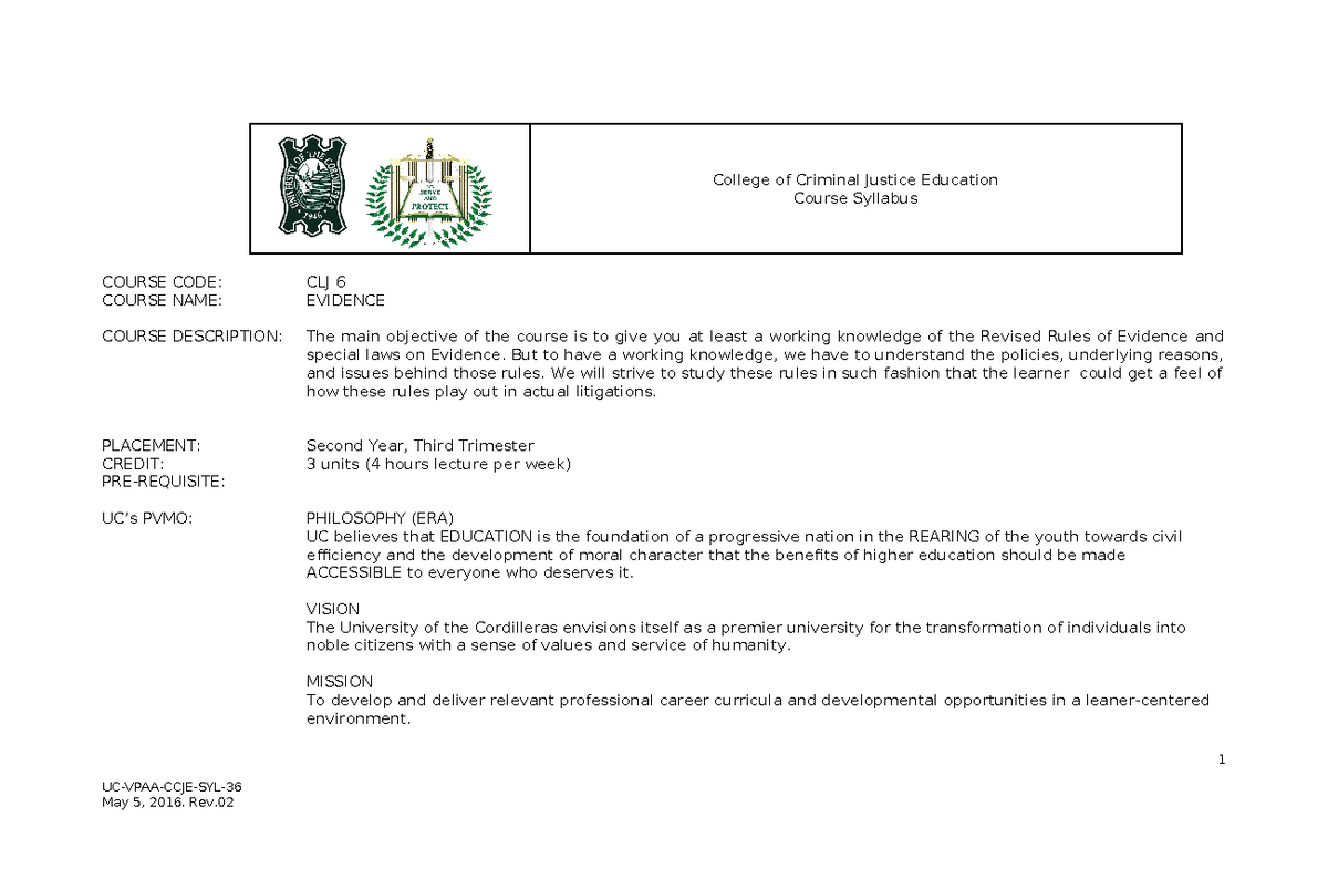 CLJ 6 - Evidence Syllabus 3rd Term 2023-2024 - College of Criminal ...