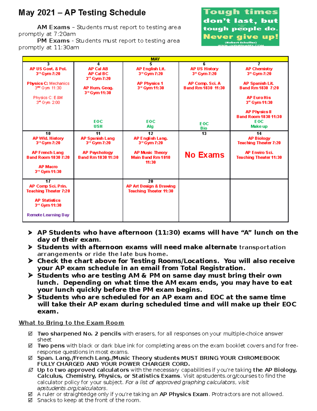 AP Student Info insert 2 - May 2021 – AP Testing Schedule AM Exams ...