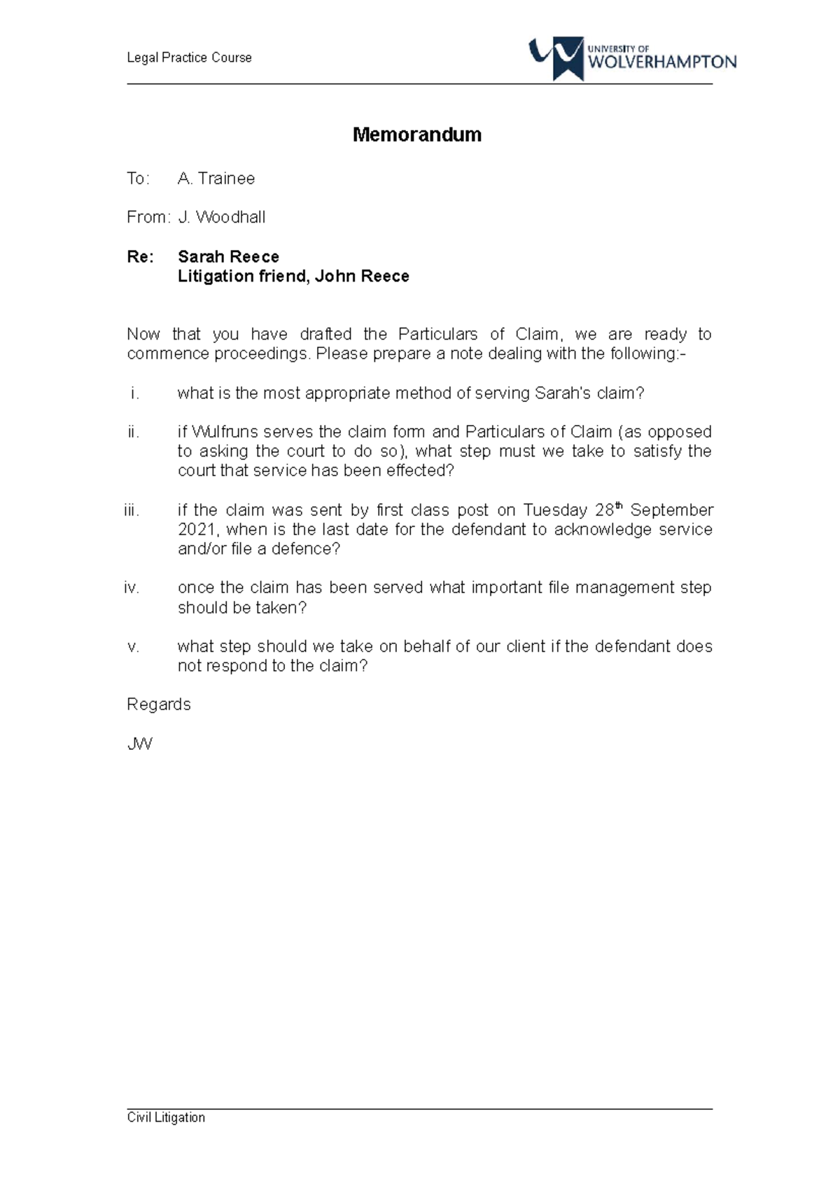 SGS6 PI Unseen Service of Claim - Legal Practice Course Memorandum To ...