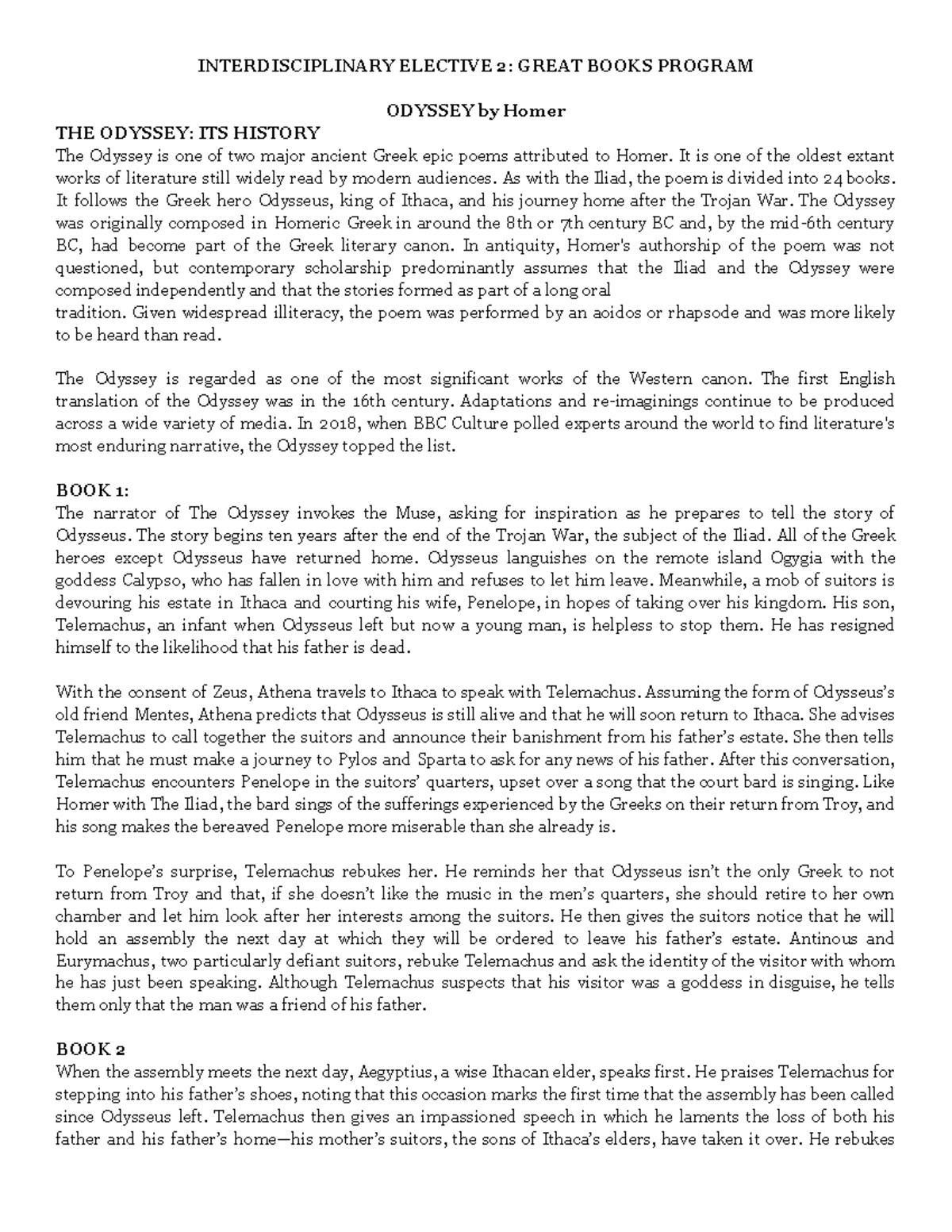 Odyssey by Homer Interdisciplinary Elective 2 Great Books Program ...