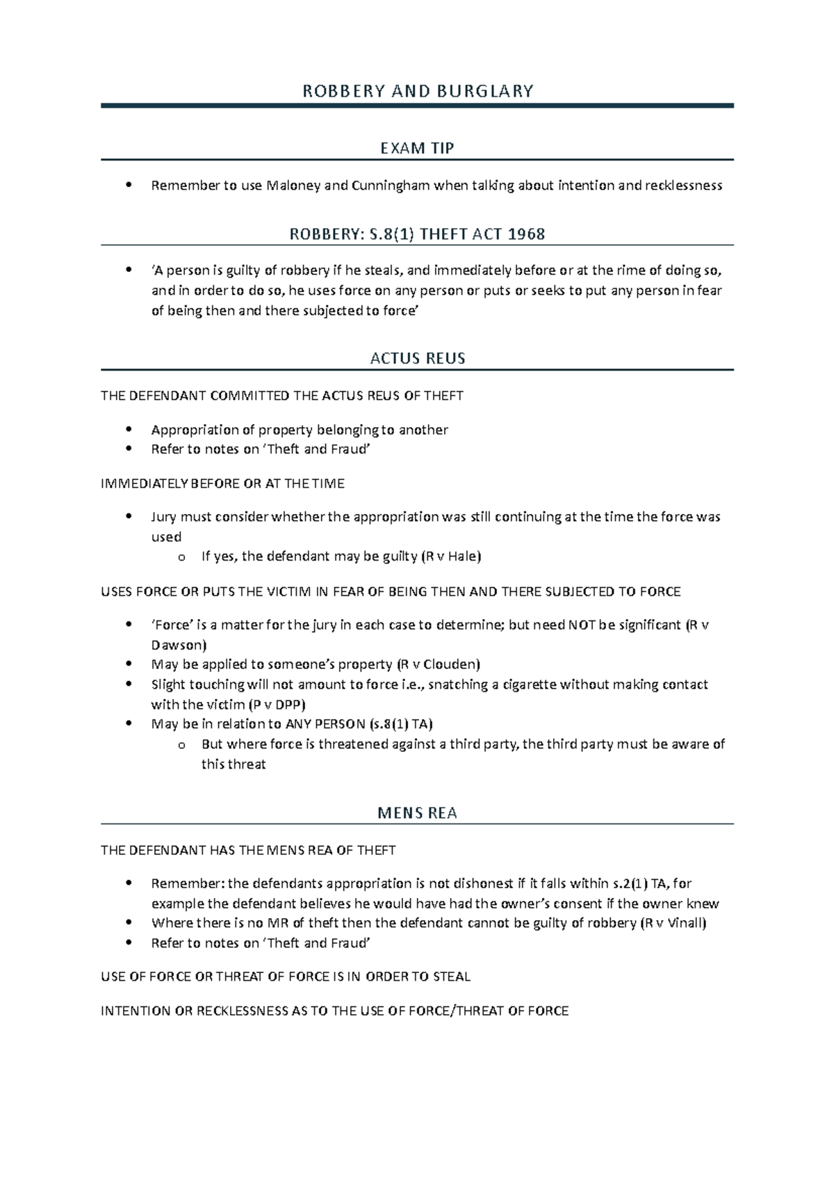 Robbery and Burglary - ROBBERY AND BURGLARY EXAM TIP Remember to use ...