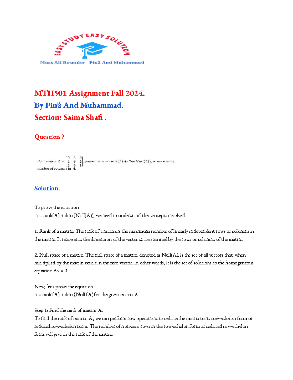 MTH501 Assignment Fall 2024 Saima Shafi By Pin ️ And Muhammad - MTH501 Assignment Fall 2024. By ...