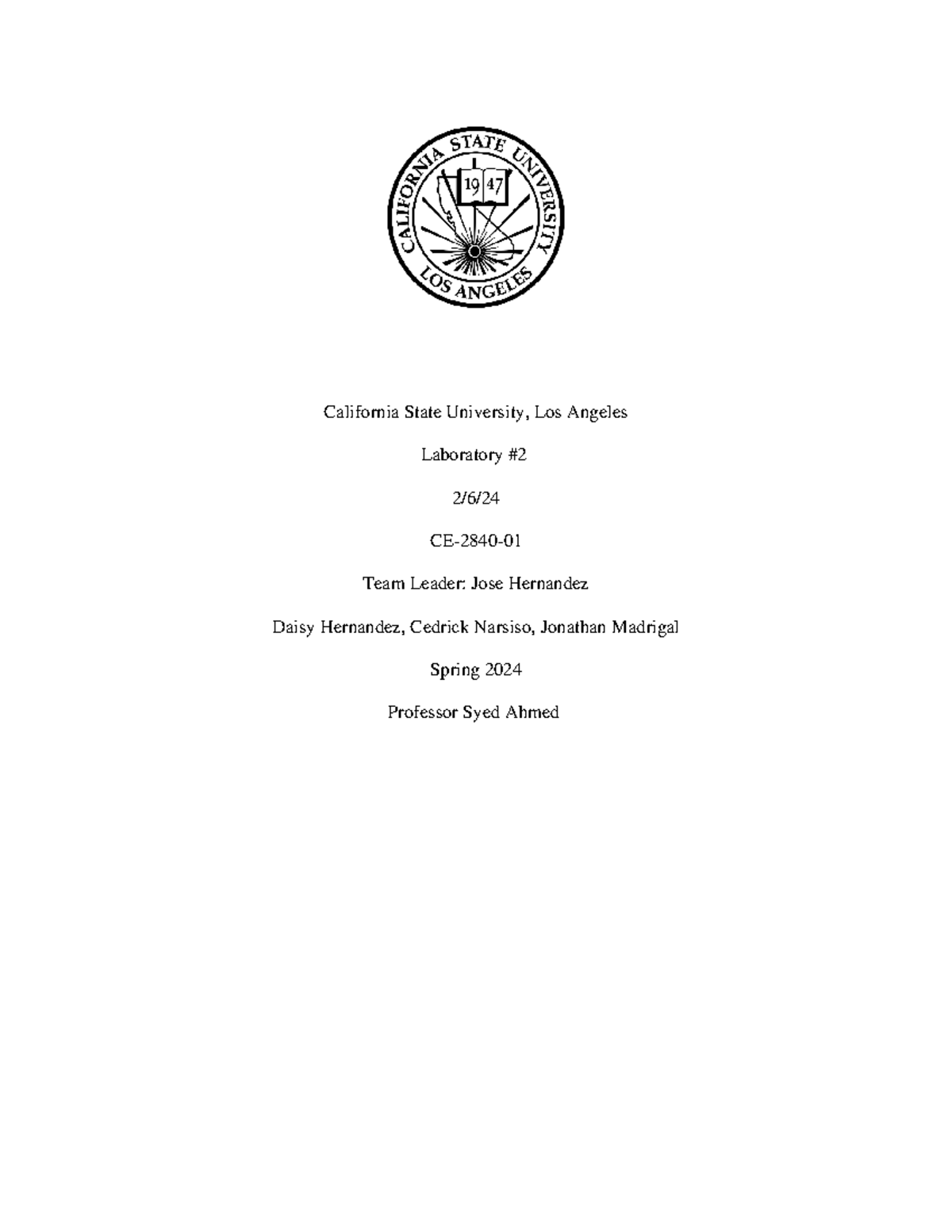 Lab 2 - California State University, Los Angeles Laboratory # 2 2/6/ CE ...