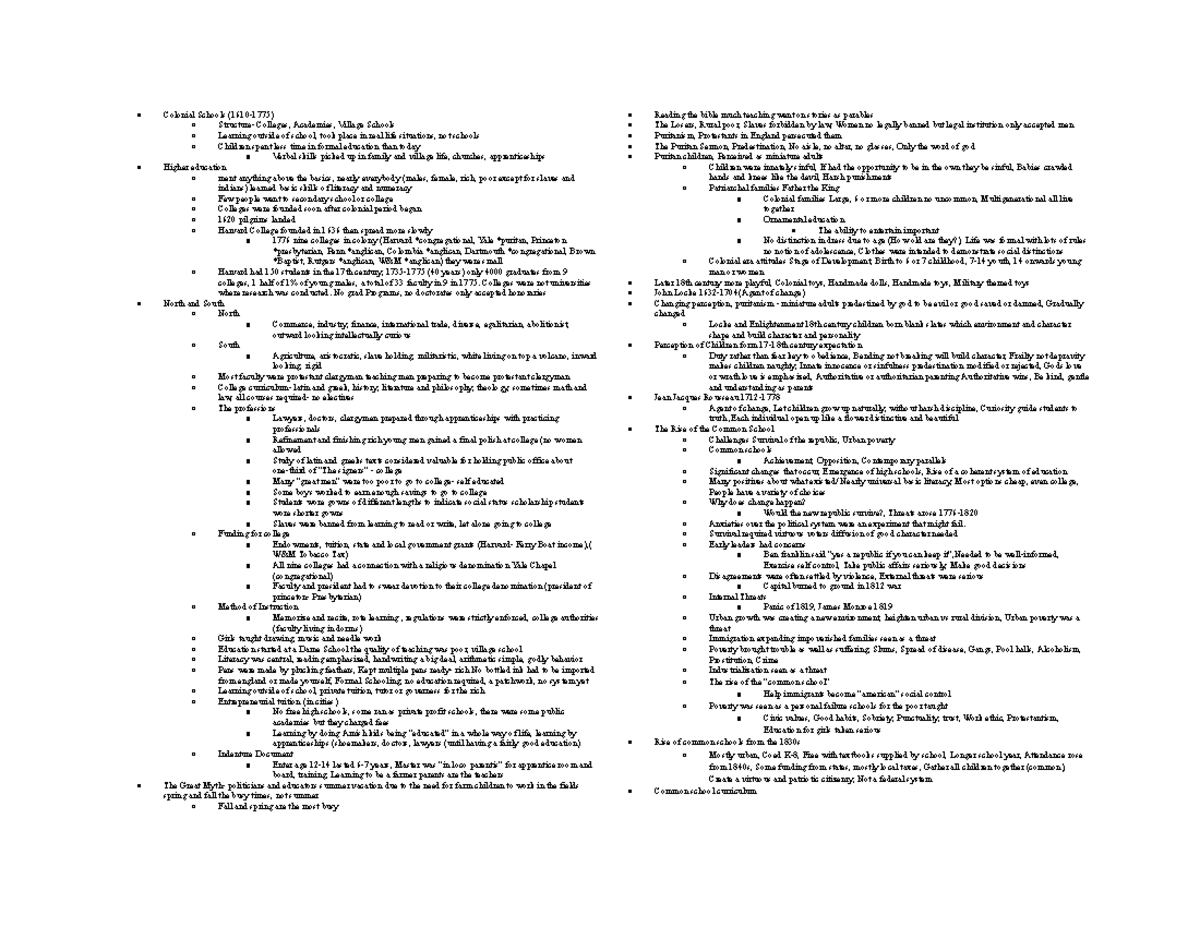 Exam 1 EDUC Notes-2 - notes - Colonial Schools (1610-1775) Structure ...