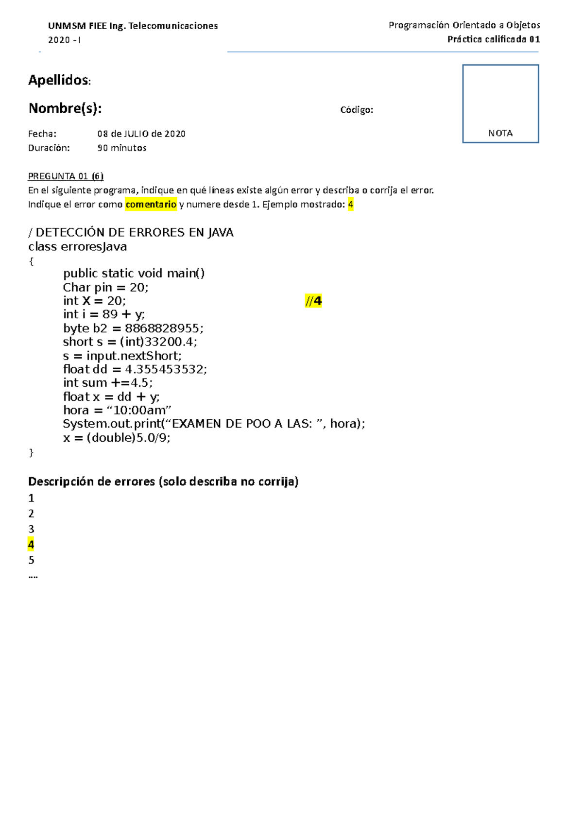 POO - 2020 I - PC 01 G1 - ejercicios de programacion orientada a objetos (java) - UNMSM FIEE Ing ...