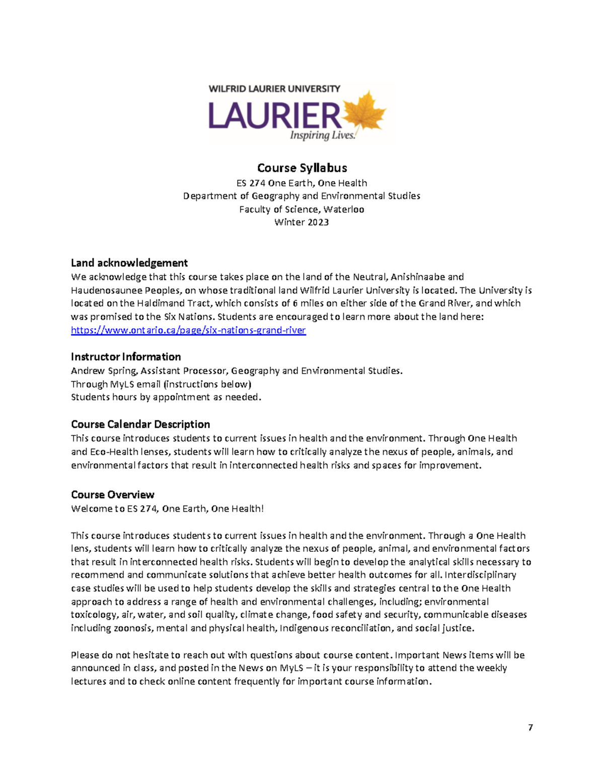 ES274 - Syllabus - Course Syllabus ES 274 One Earth, One Health ...
