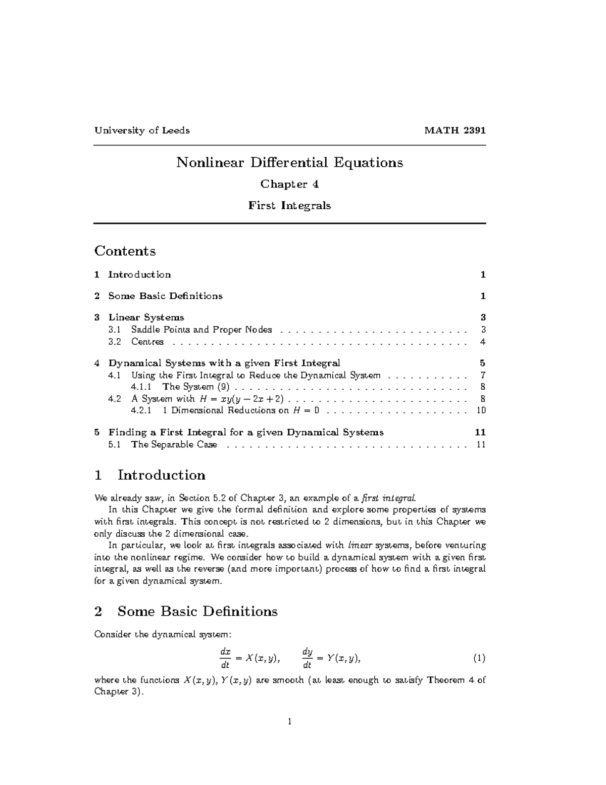 2391-4-First Integrals - University of Leeds MATH 2391 Nonlinear Differential Equations Chapter ...