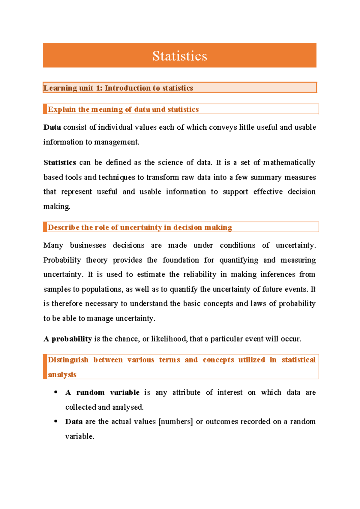 Statistics Learning unit 1 - Statistics can be defined as the science ...