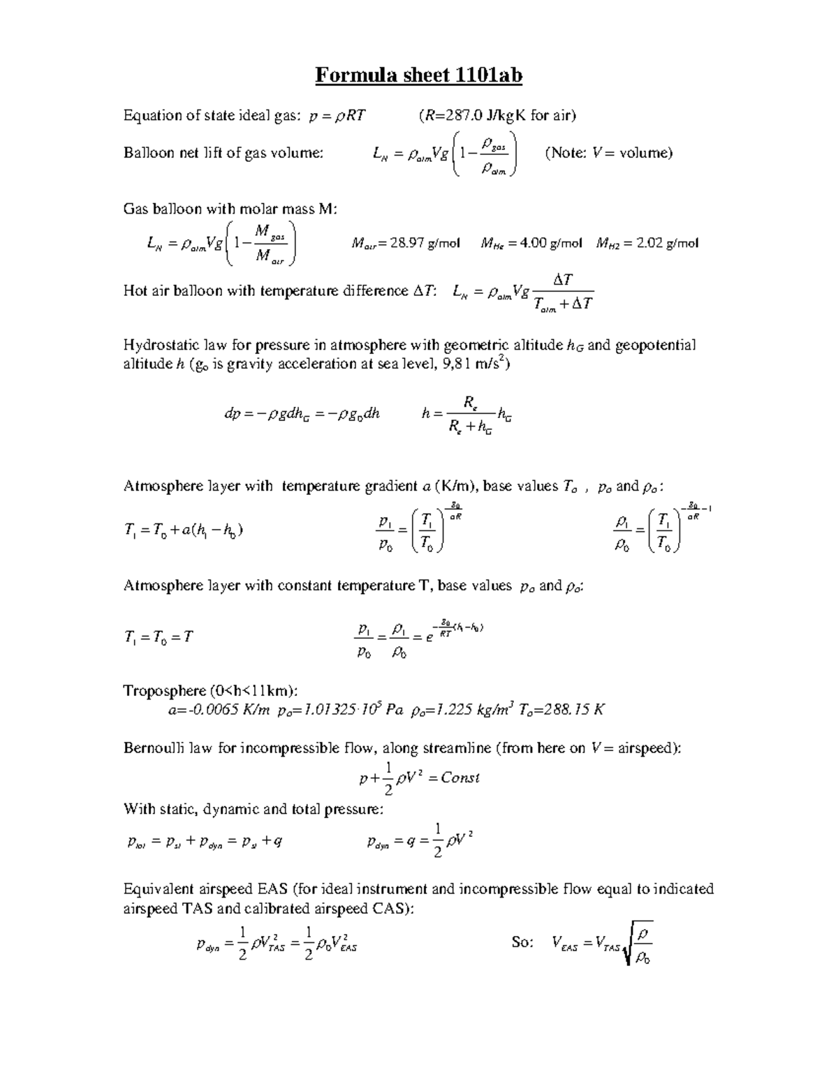 Formula Sheet Aerospace Engineering 0Ab - Formula sheet 1101ab Equation ...