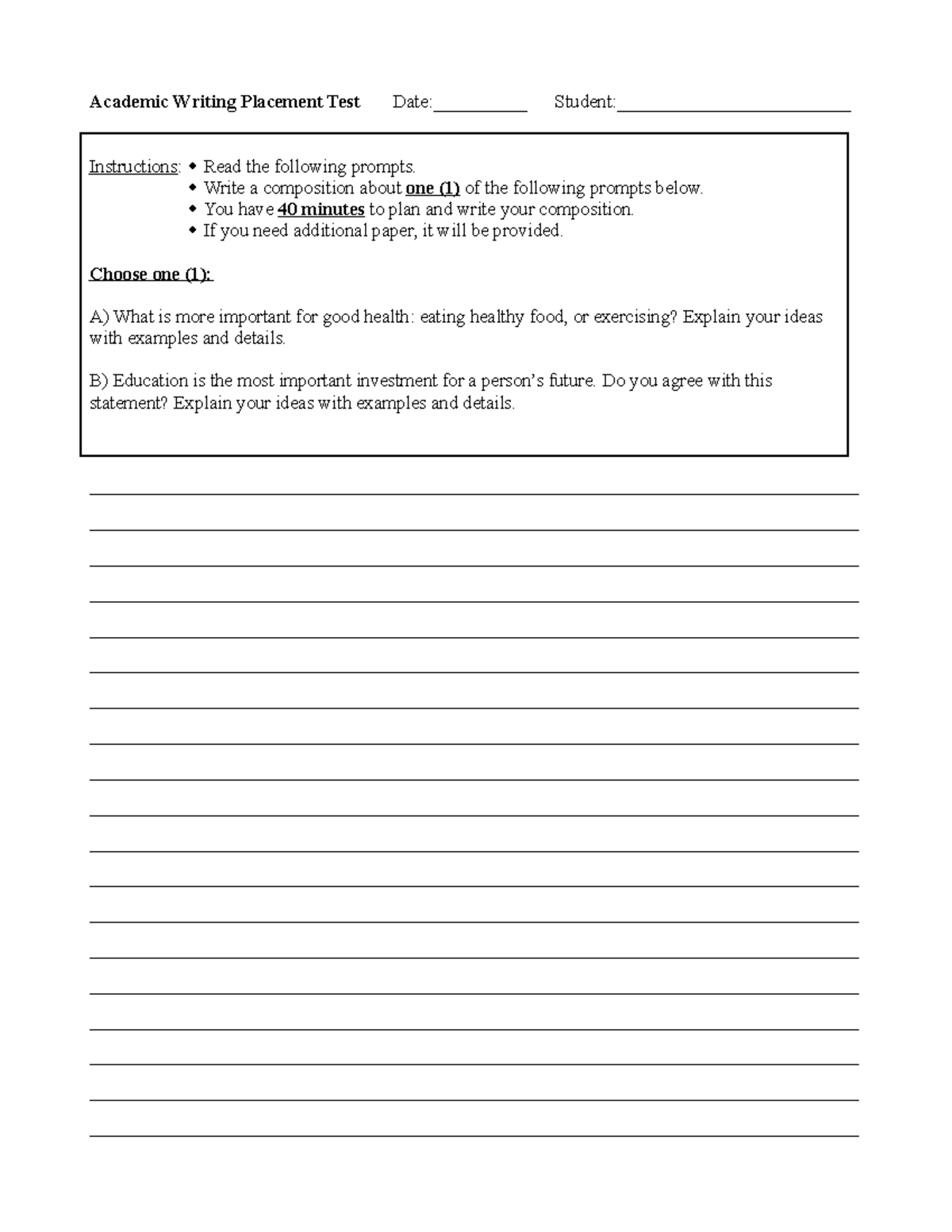 Academic Writing Placement Test Write A Composition About One 1 Of