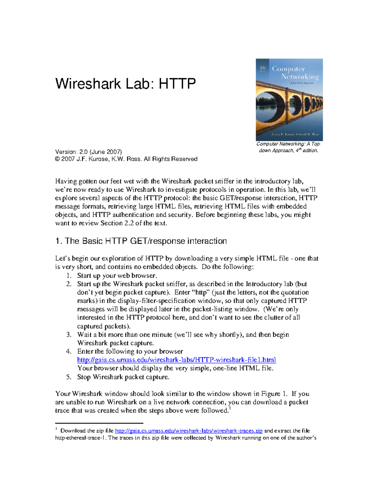 Wireshark HTTP - Wireshark Lab: HTTP Version: 2 (June 2007) © 2007 J. Kurose, K. Ross. All ...