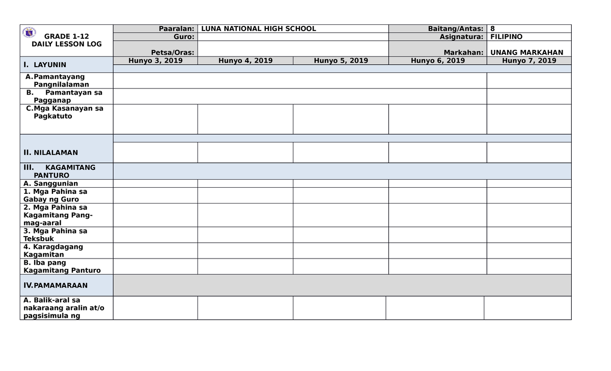 Daily Lesson Log Template Filipino - GRADE 1- DAILY LESSON LOG Paaralan ...