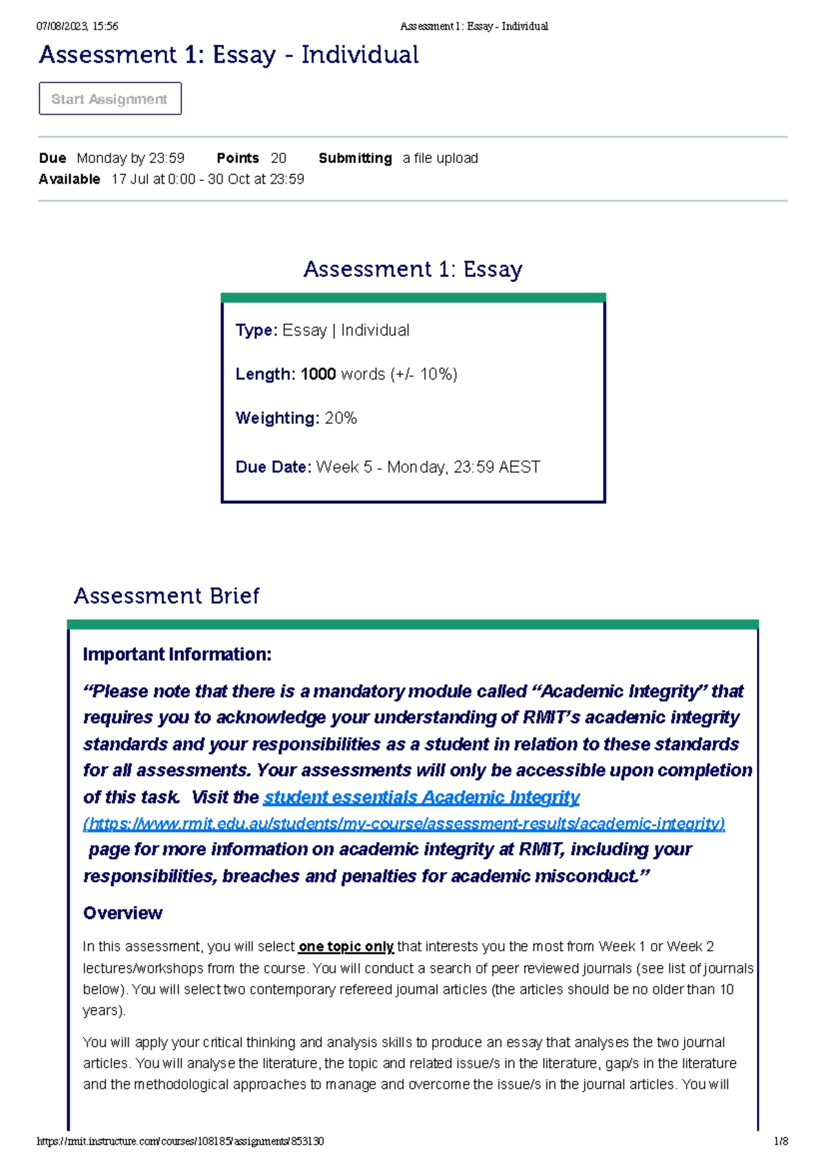 Assessment 1 Essay - Individual - Assessment 1: Essay - Individual Due ...
