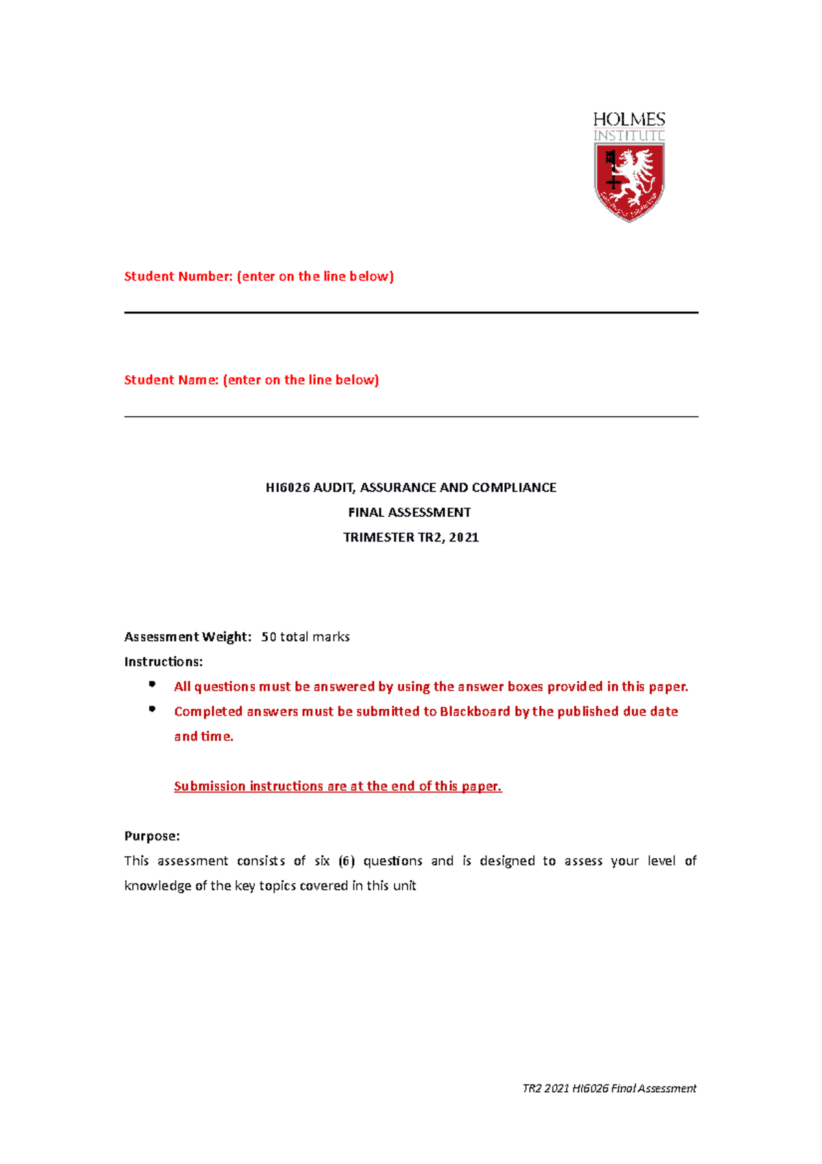 HI6026 Final Assessment - Student Number: (enter on the line below ...