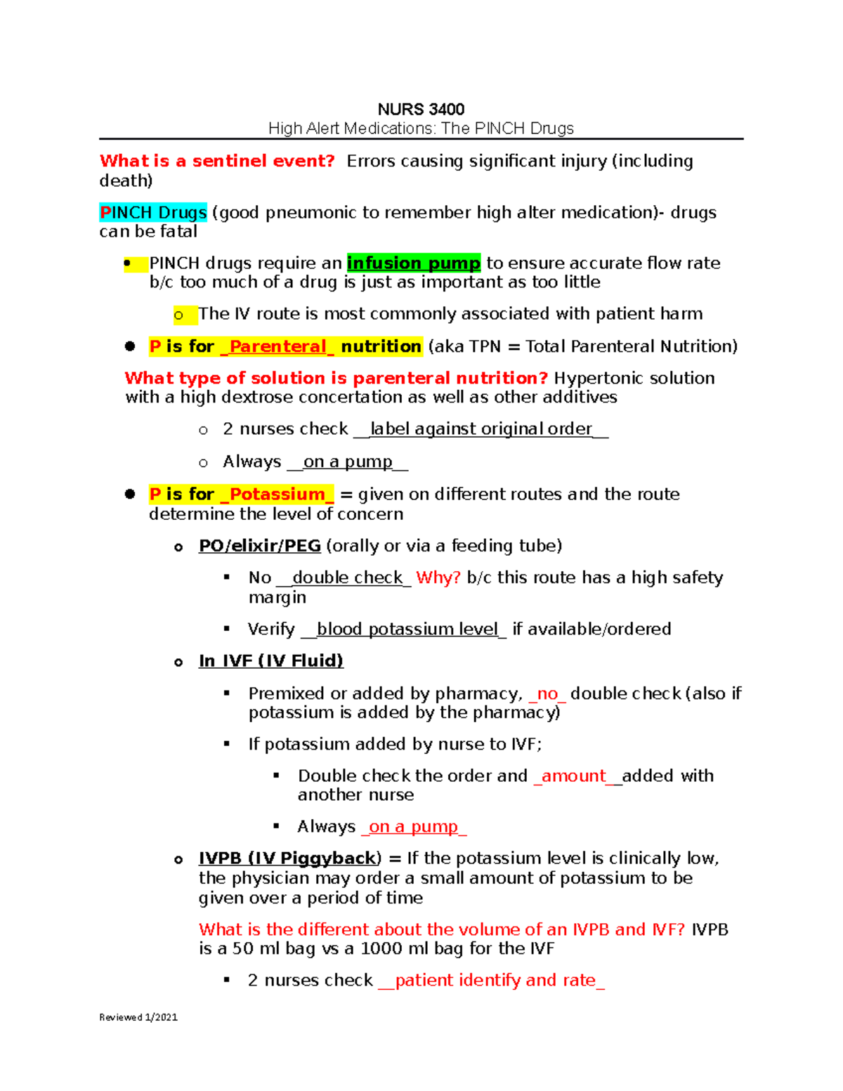 2.2 Pinch student outline - NURS 3400 High Alert Medications: The PINCH ...