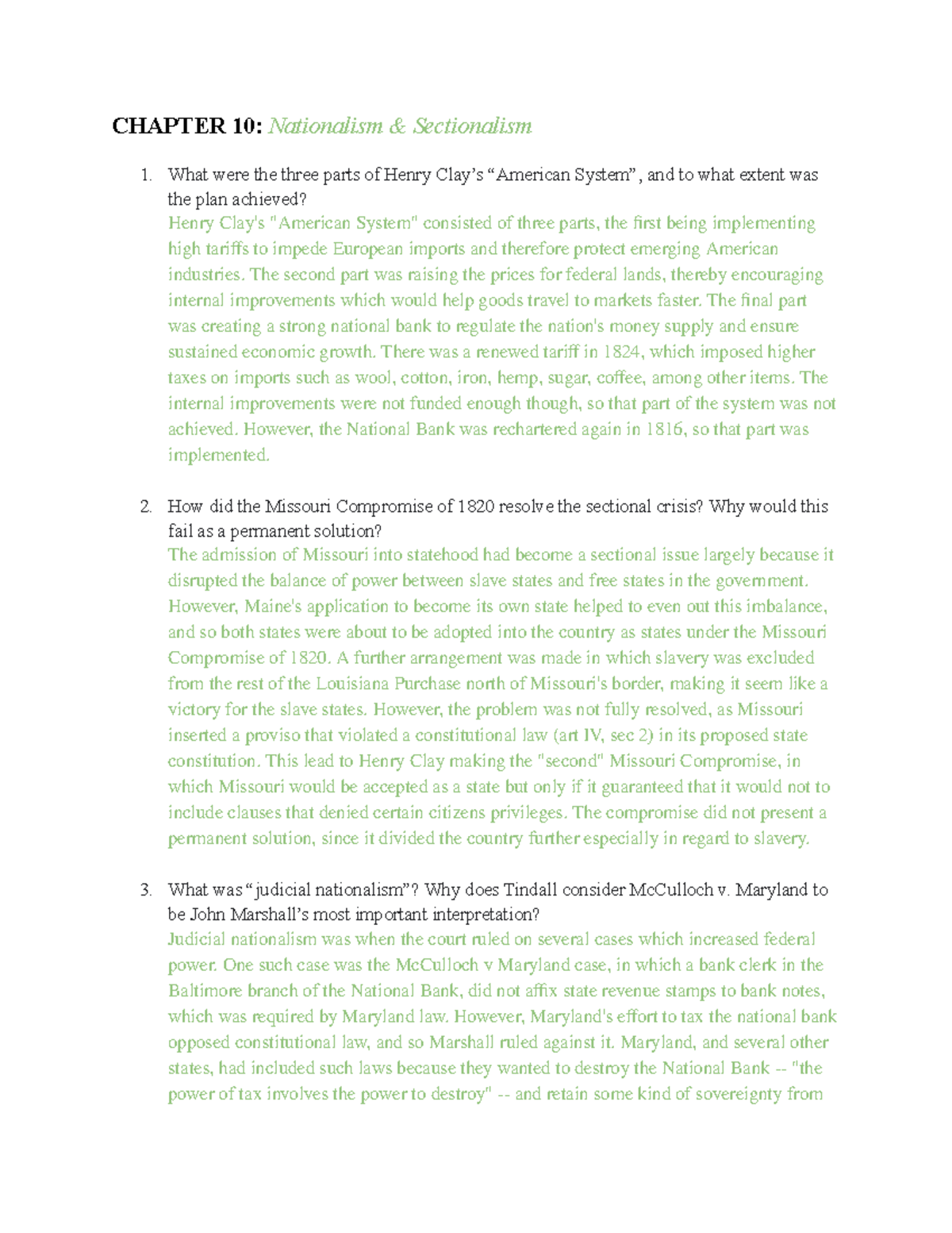 Chapter 10 HW Questions - CHAPTER 10: Nationalism & Sectionalism What ...